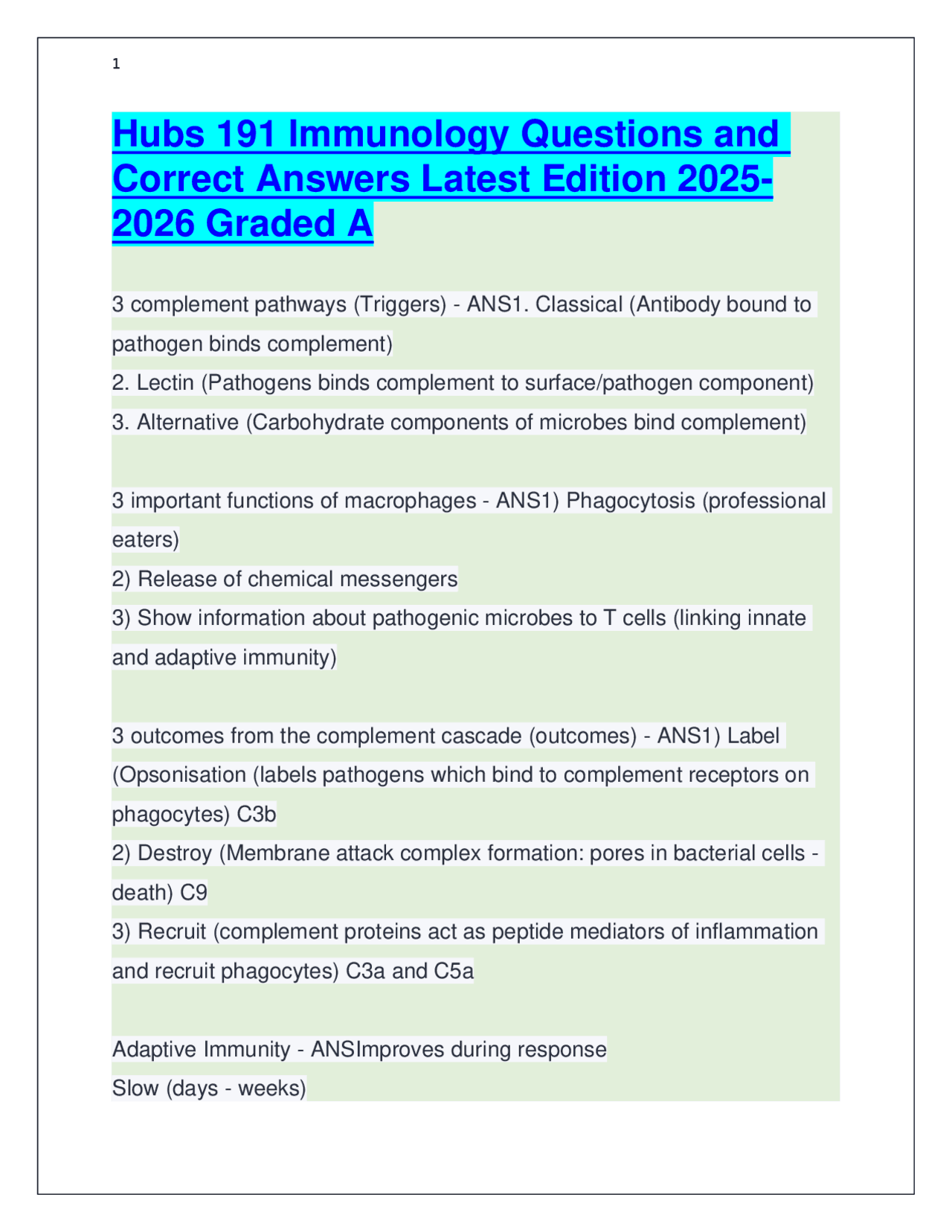 Immunology Questions and Answers: Comprehensive Study Guide | Exams ...