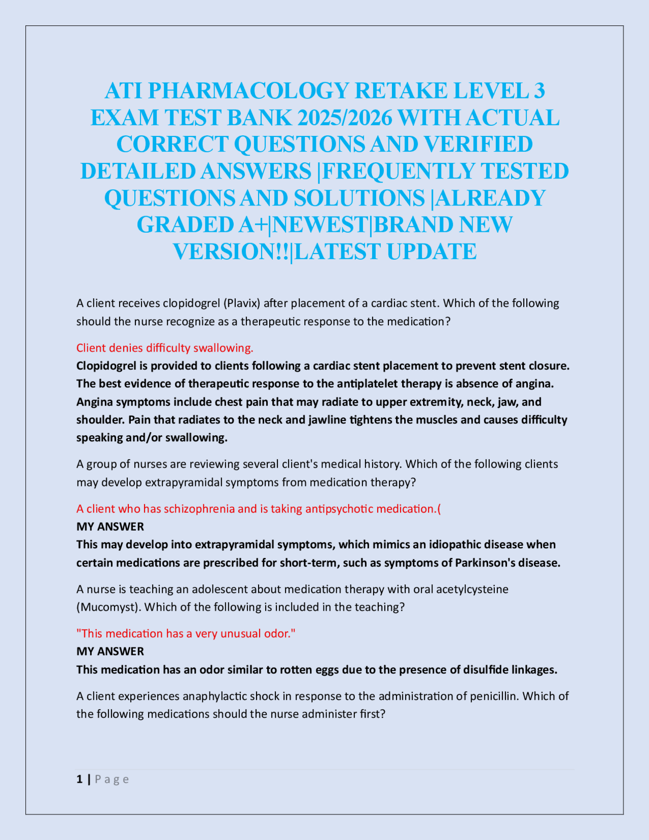 ATI PHARMACOLOGY RETAKE LEVEL 3 EXAM TEST BANK 2025/2026 | Exams ...