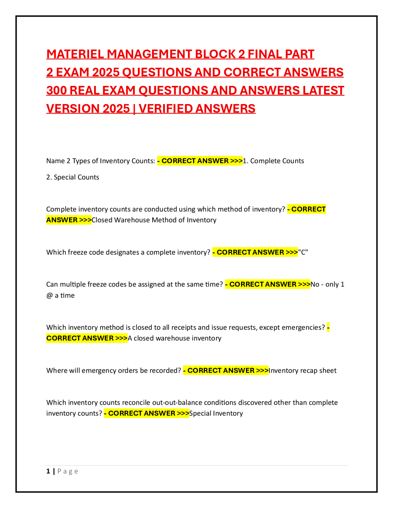 MATERIEL MANAGEMENT BLOCK 2 FINAL PART 2 EXAM 2025 QUESTIONS AND ...