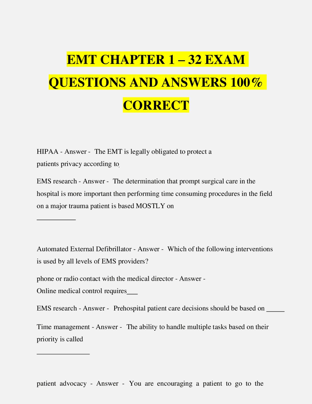 EMT Chapters 1-32 Comprehensive Exam – 100% Verified Q&A (2026) | Exams ...
