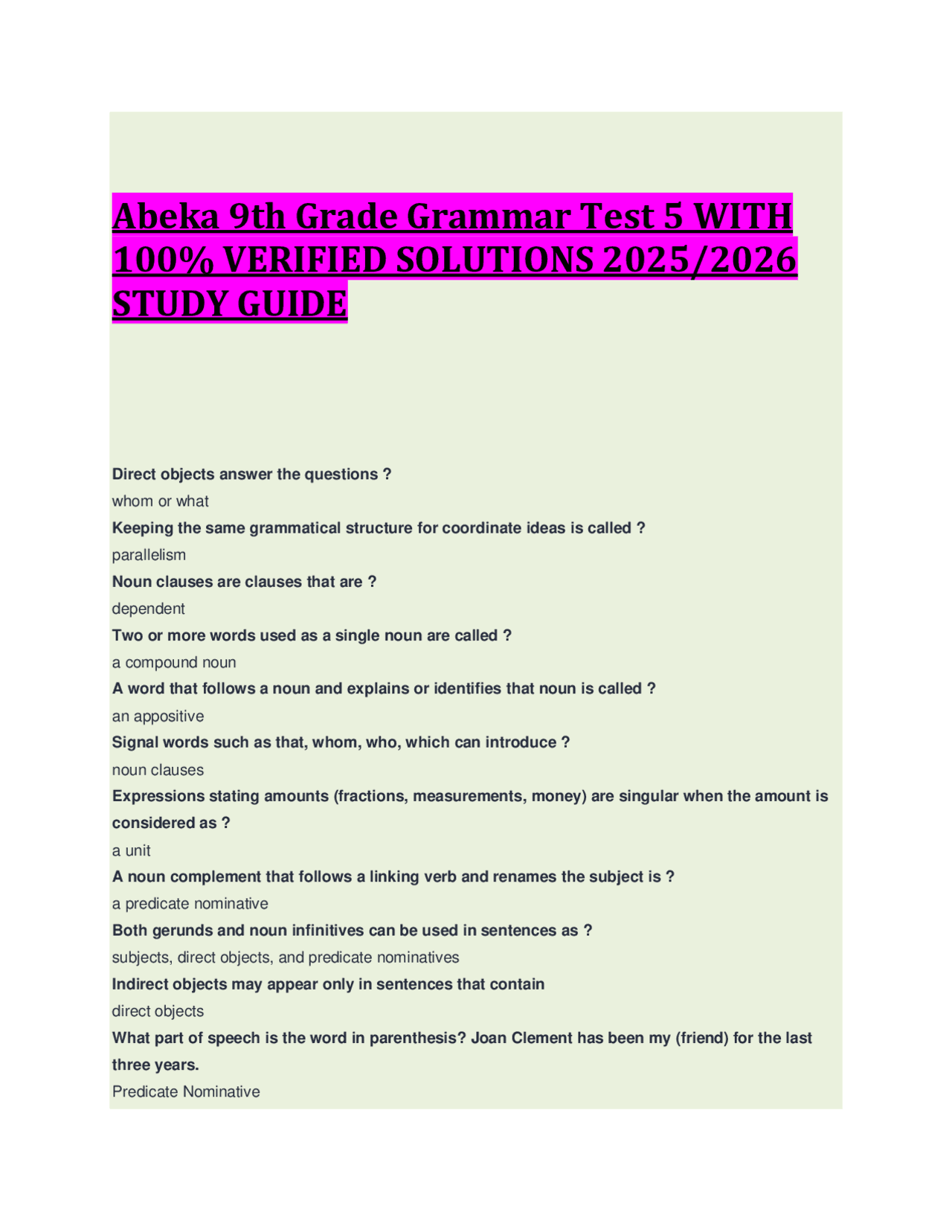 Abeka 9th Grade Grammar Test 5 WITH 100% VERIFIED SOLUTIONS 2025/2026 ...