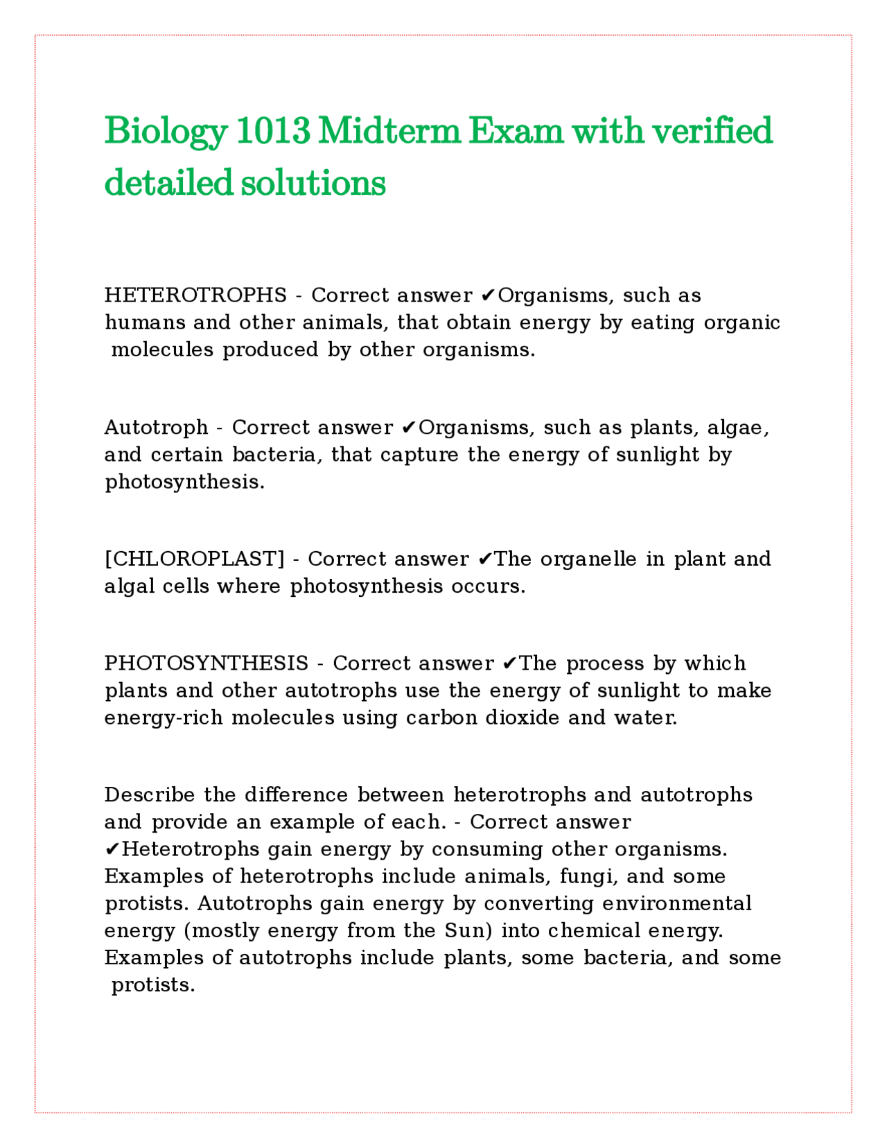 Biology 1013 Midterm Exam with verified detailed solutions | Exams ...