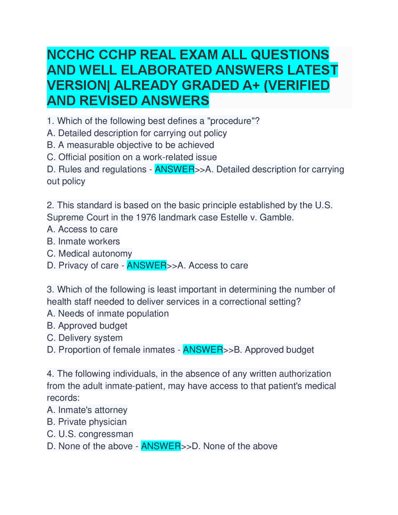 NCCHC CCHP REAL EXAM ALL QUESTIONS AND WELL ELABORATED ANSWERS LATEST ...