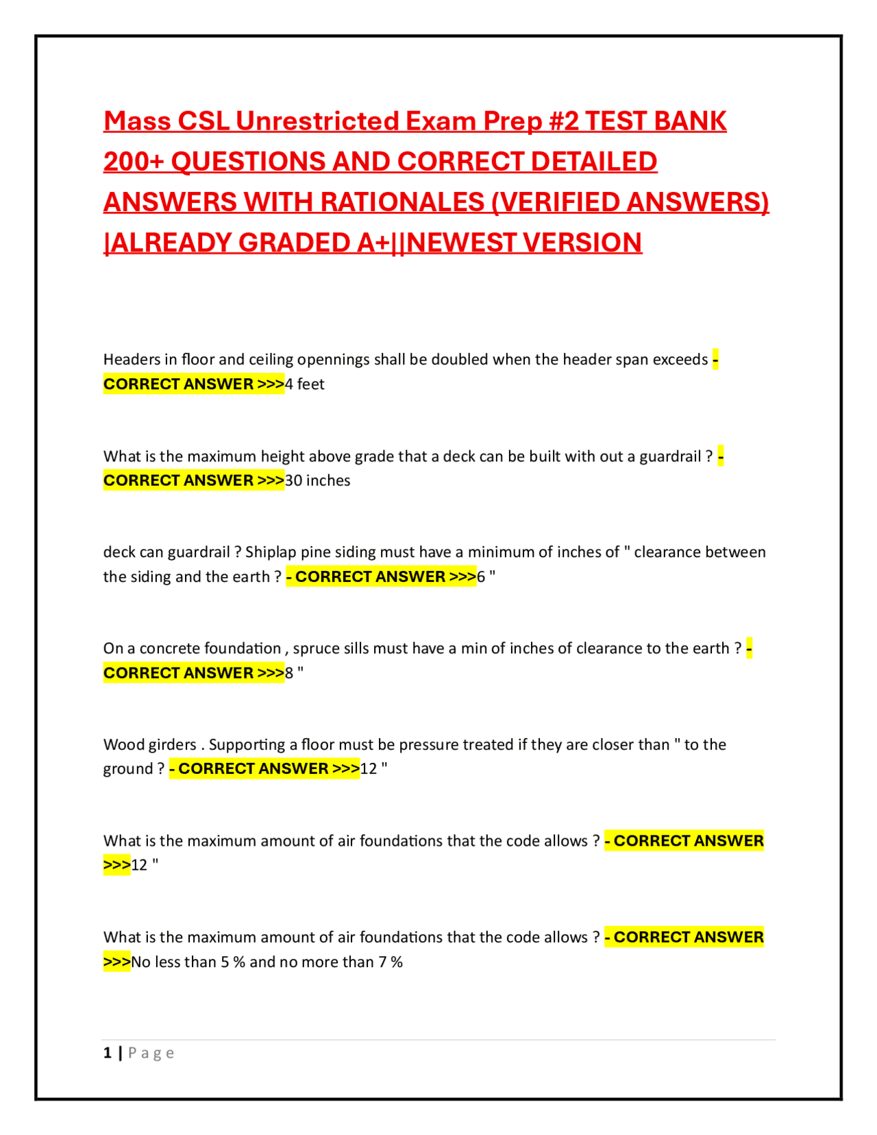 Mass CSL Unrestricted Exam Prep #2 TEST BANK 200+ QUESTIONS AND CORRECT ...