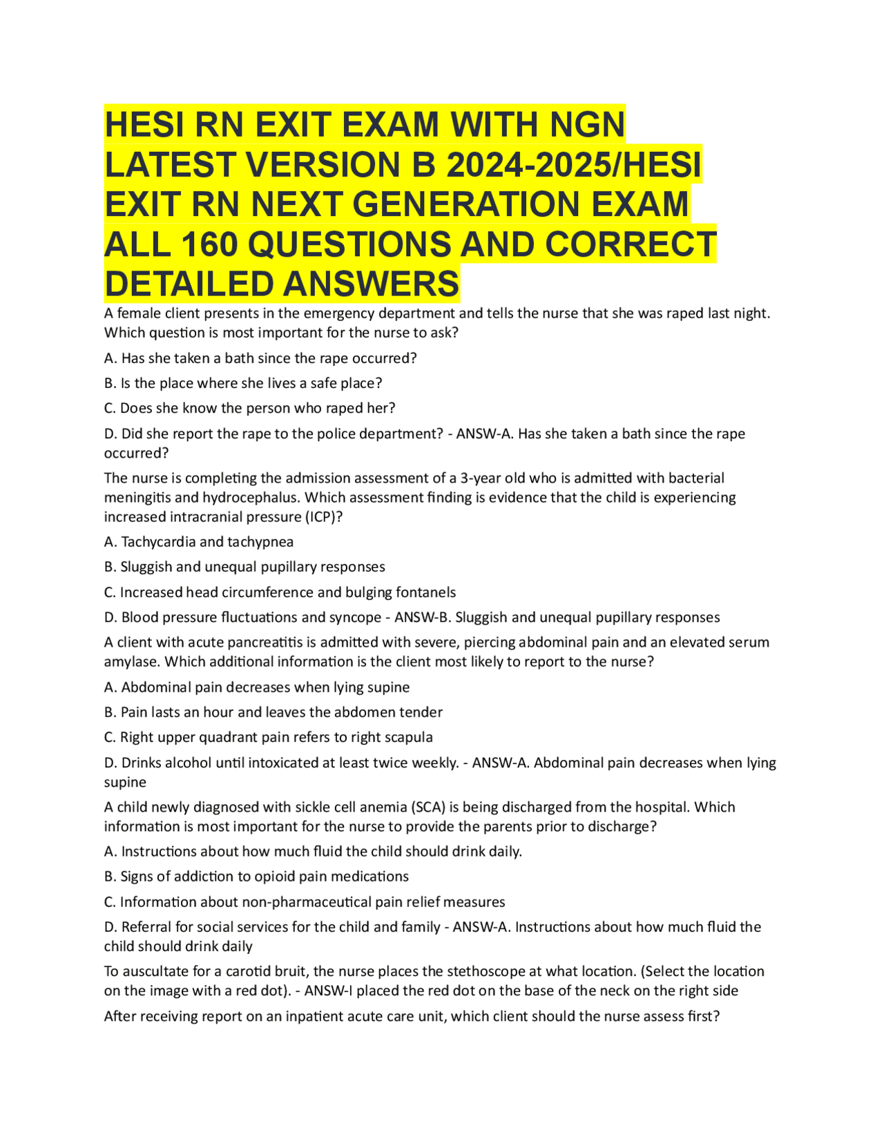 HESI RN EXIT EXAM WITH NGN LATEST VERSION B 2024-2025/HESI EXIT RN NEXT ...
