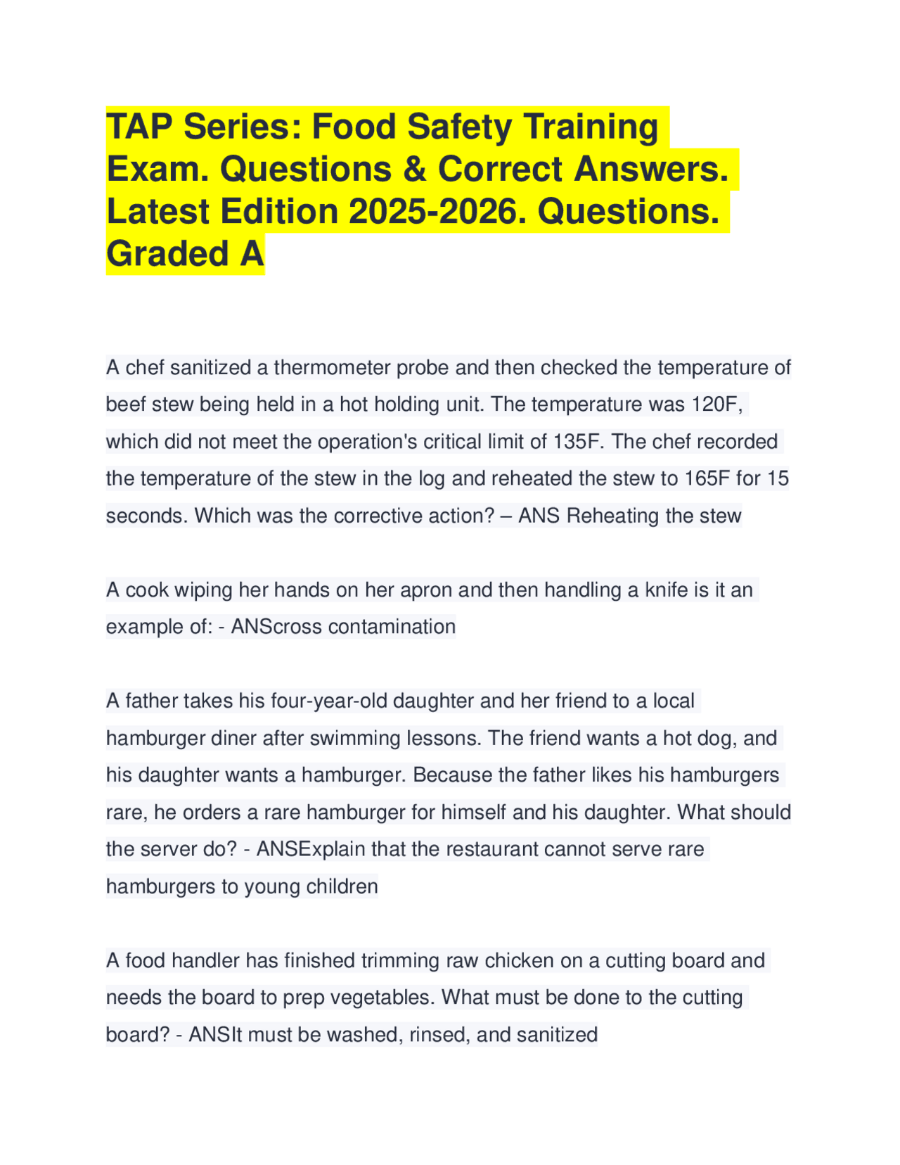 TAP Series: Food Safety Training Exam. Questions & Answers. Latest 2025 ...
