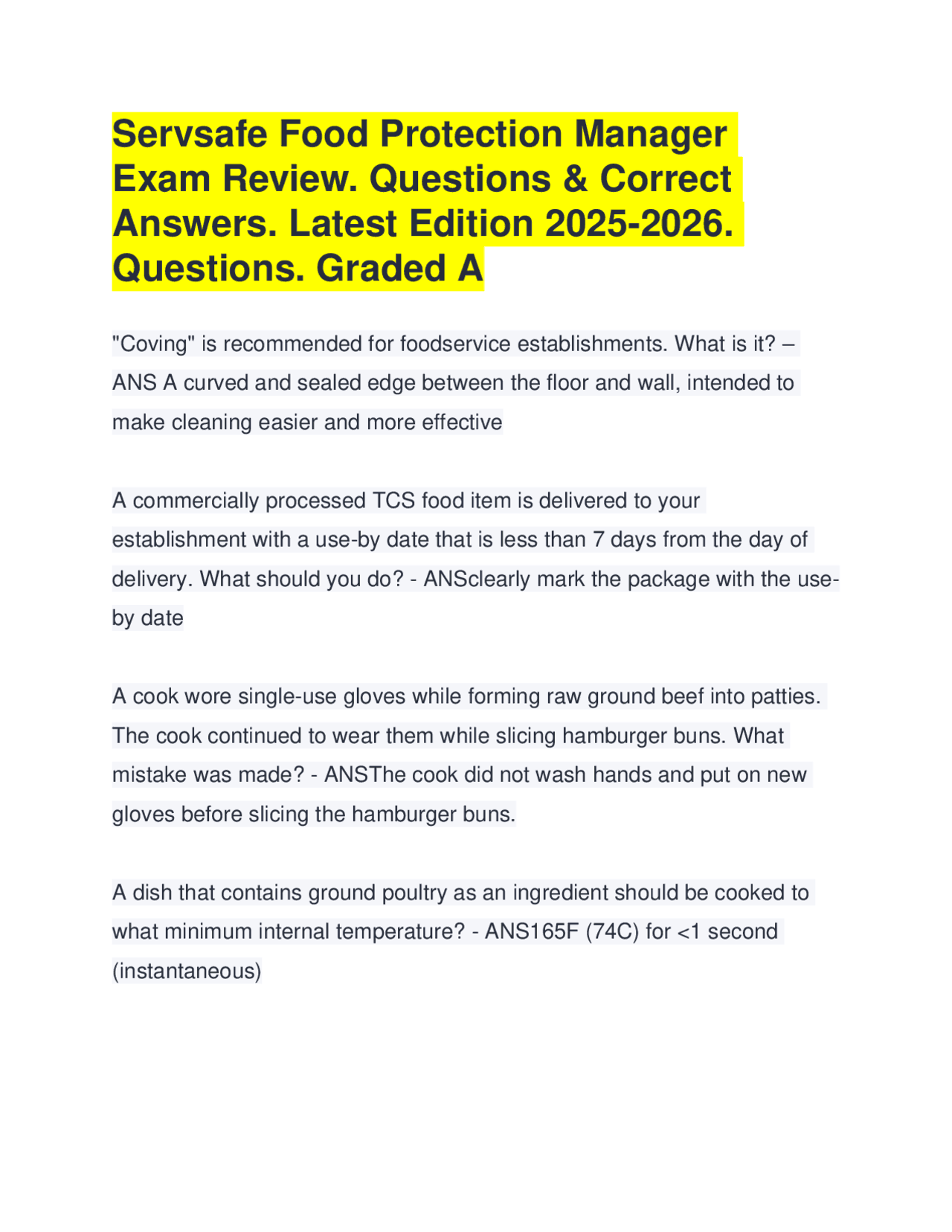 Servsafe Food Protection Manager Exam Review. Questions & Answers 2025 ...