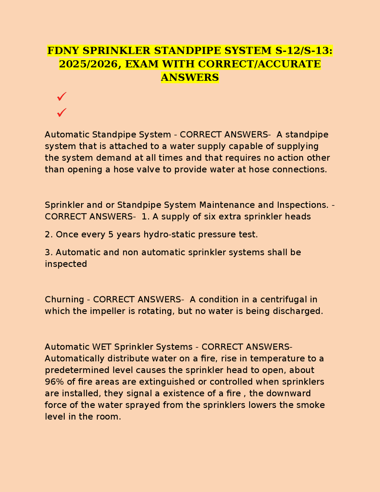 FDNY SPRINKLER STANDPIPE SYSTEM S-12/S-13: 2025/2026, EXAM WITH CORRECT ...