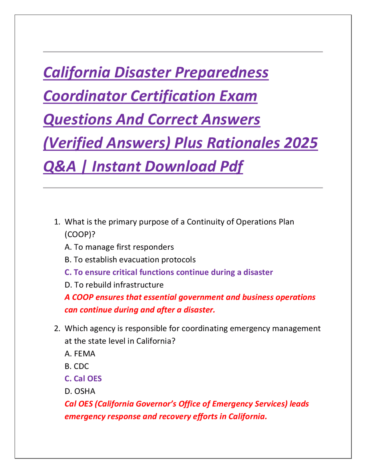 California Disaster Preparedness Coordinator Certification Exam ...