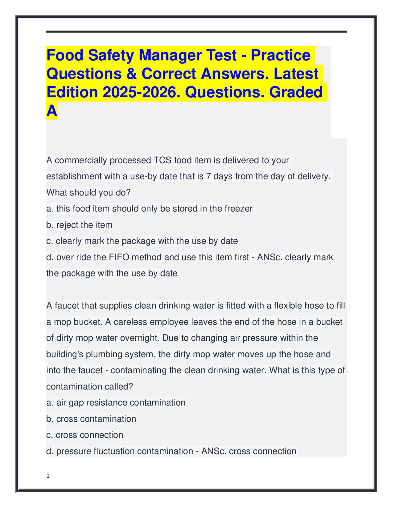 Food Safety Manager Test - Practice Questions & Correct Answers. Latest ...