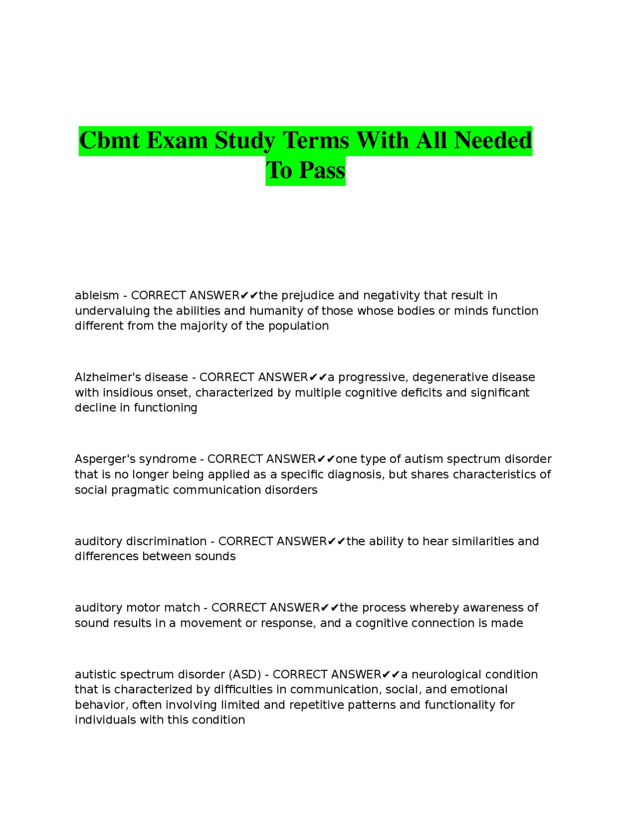 Cbmt Exam Study Terms With All Needed To Pass | Quizzes Advanced Education | Docsity