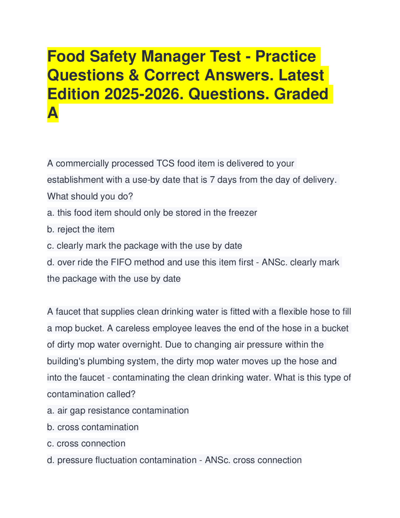Food Safety Manager Test - Practice Questions & Correct Answers. Latest ...
