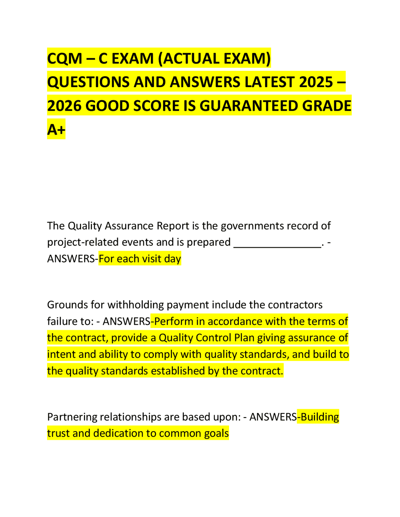 CQM – C EXAM (ACTUAL EXAM) QUESTIONS AND ANSWERS LATEST 2025 – 2026 ...