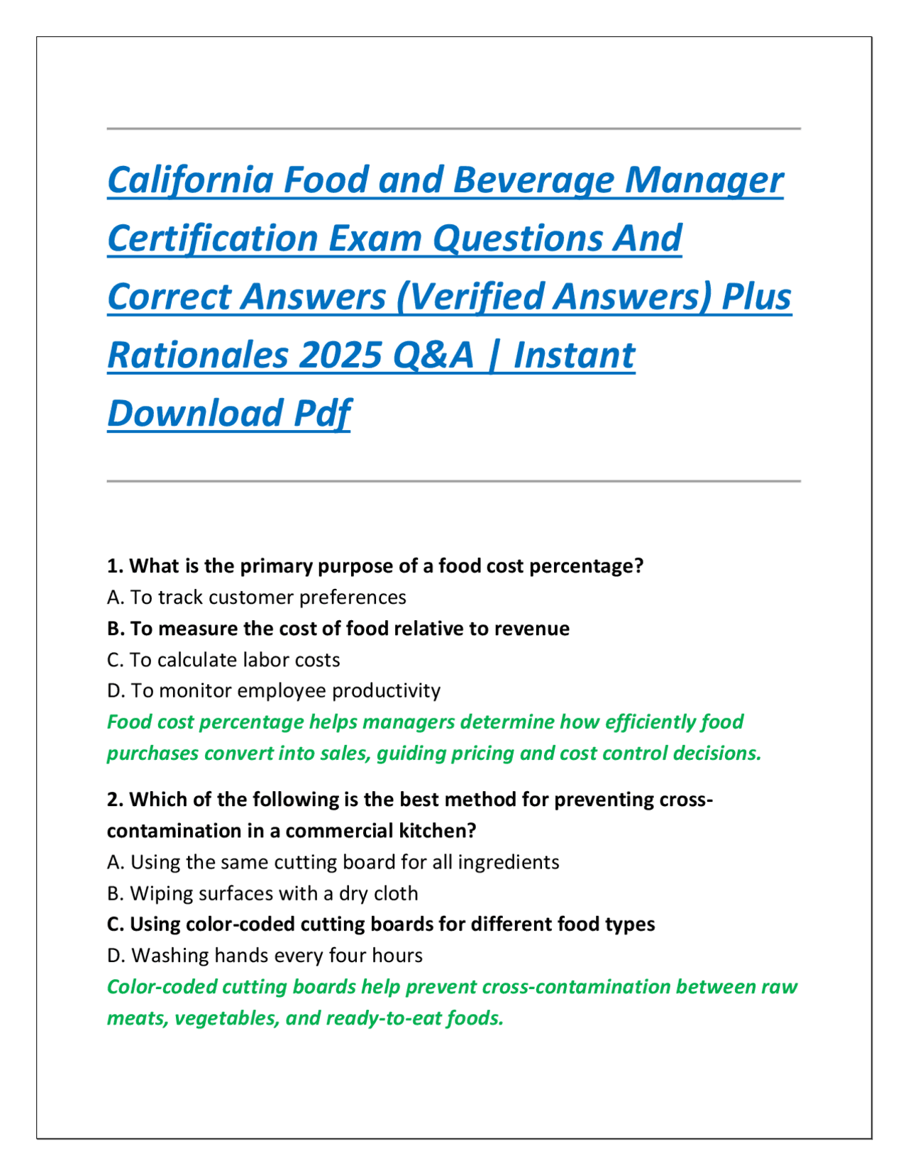 California Food and Beverage Manager Certification Exam Questions And ...