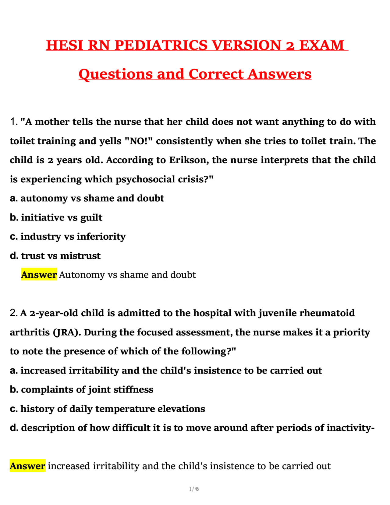 HESI RN Pediatric V2 Exam (Latest 2025 / 2026 Update) Questions and ...