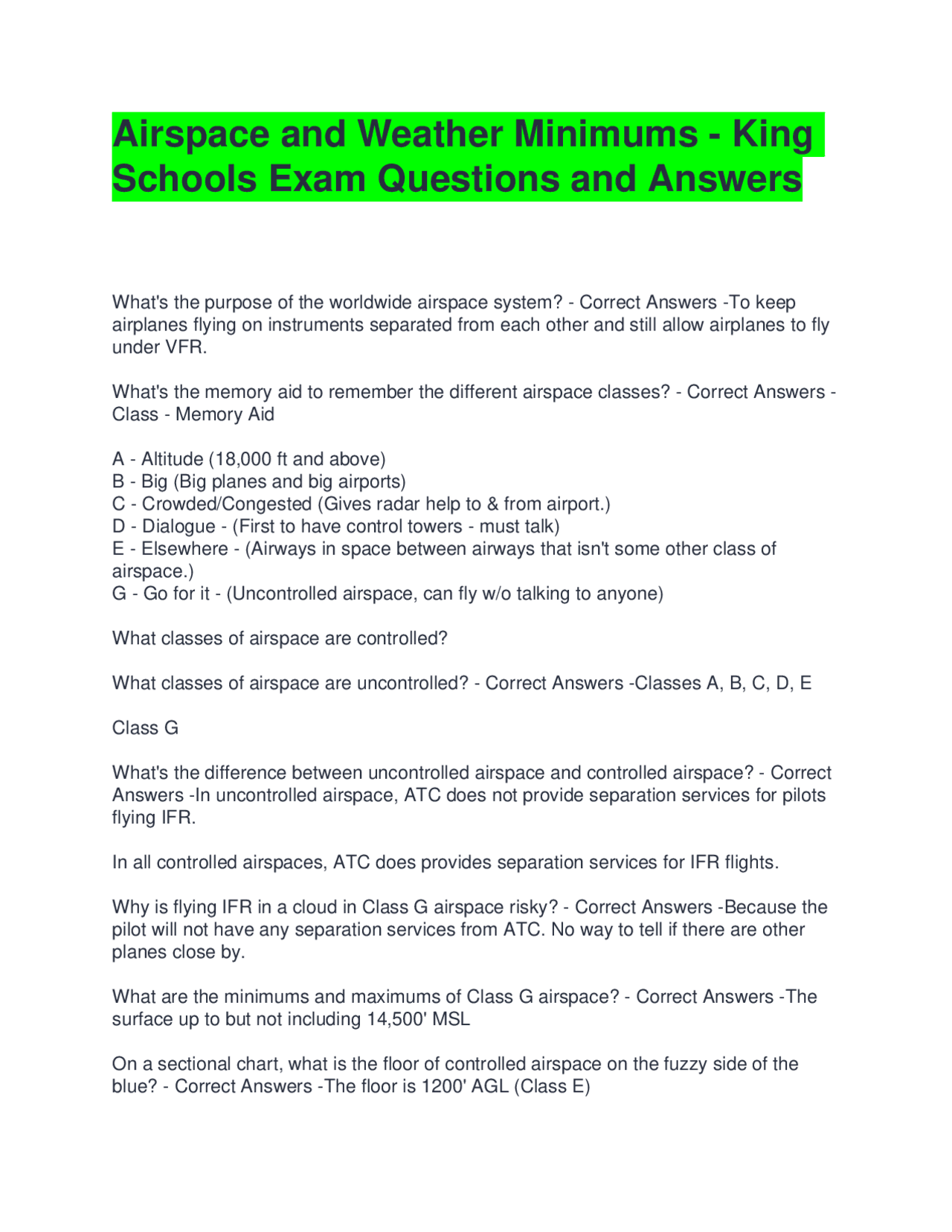 Airspace and Weather Minimums - King Schools Exam Questions and Answers ...