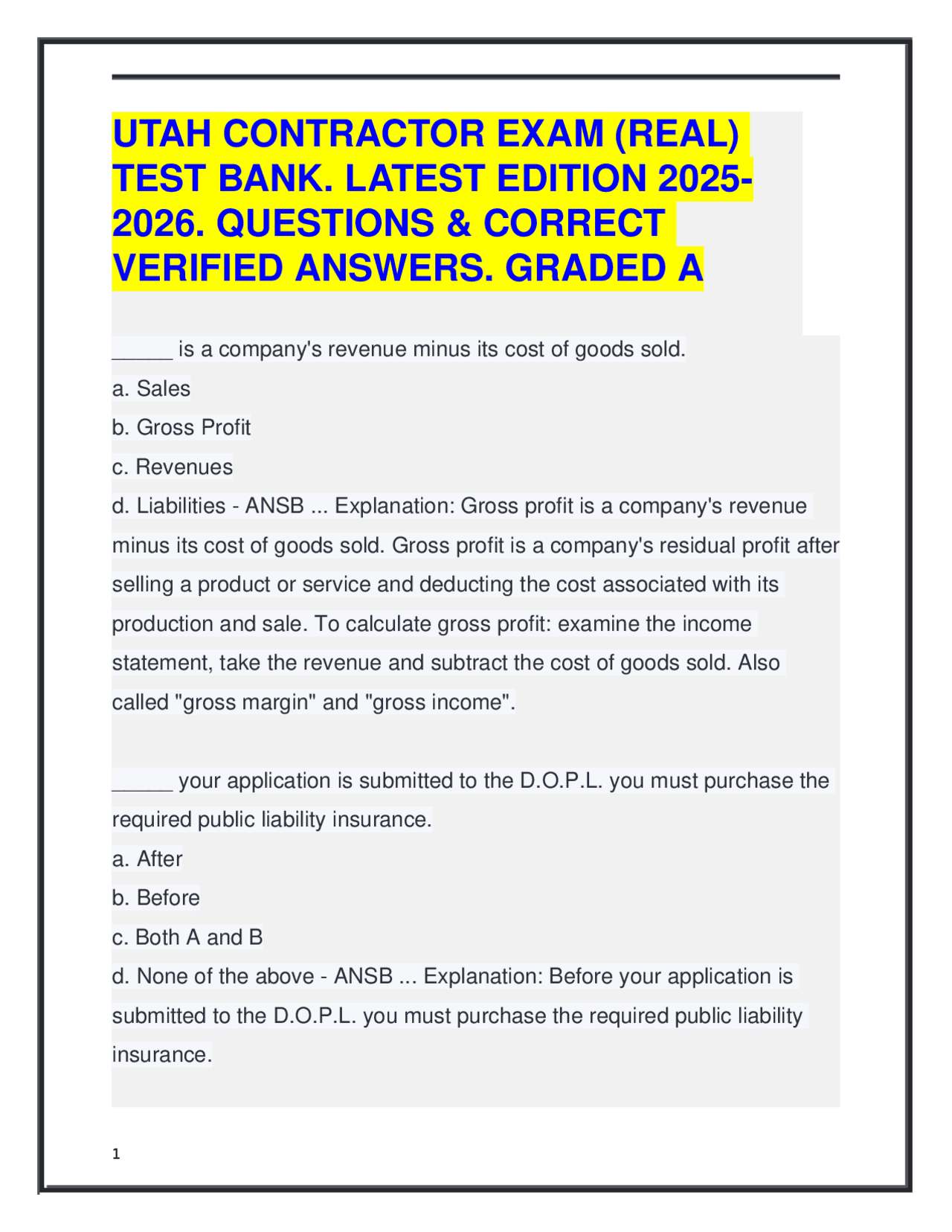 UTAH CONTRACTOR EXAM (REAL) TEST BANK. LATEST EDITION 2025-2026 ...