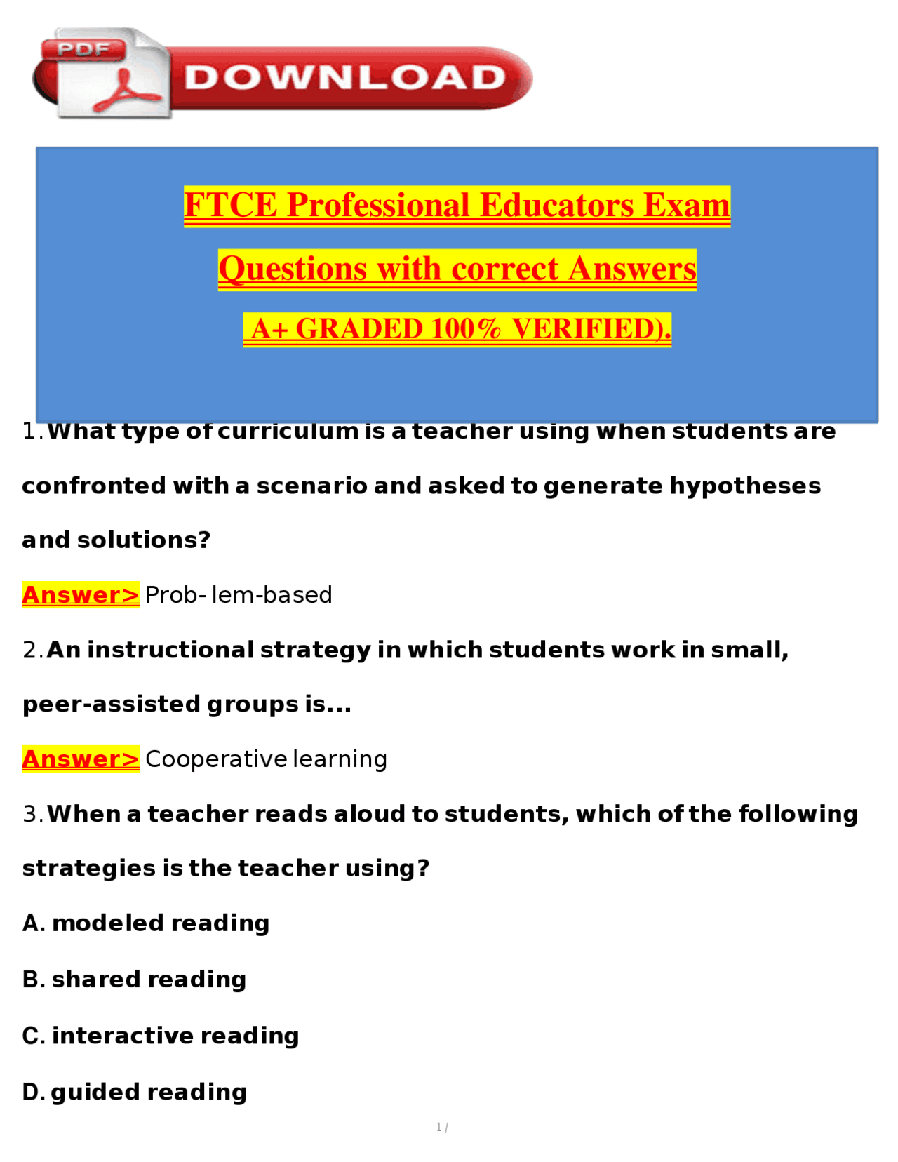 FTCE Professional Education Exam Questions and Answers A Score (2025 / ...