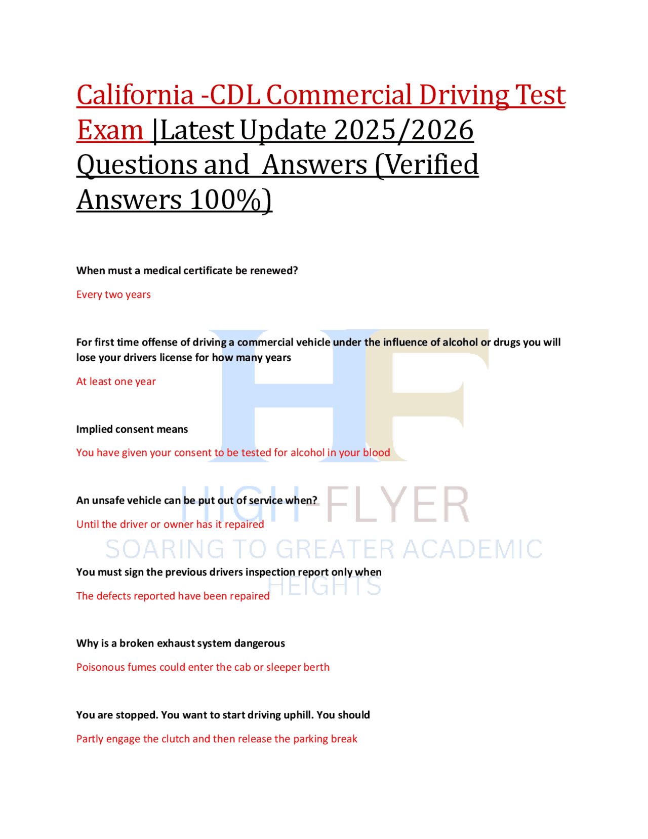 California -CDL Commercial Driving Test Exam |Latest Update 2025/2026 ...