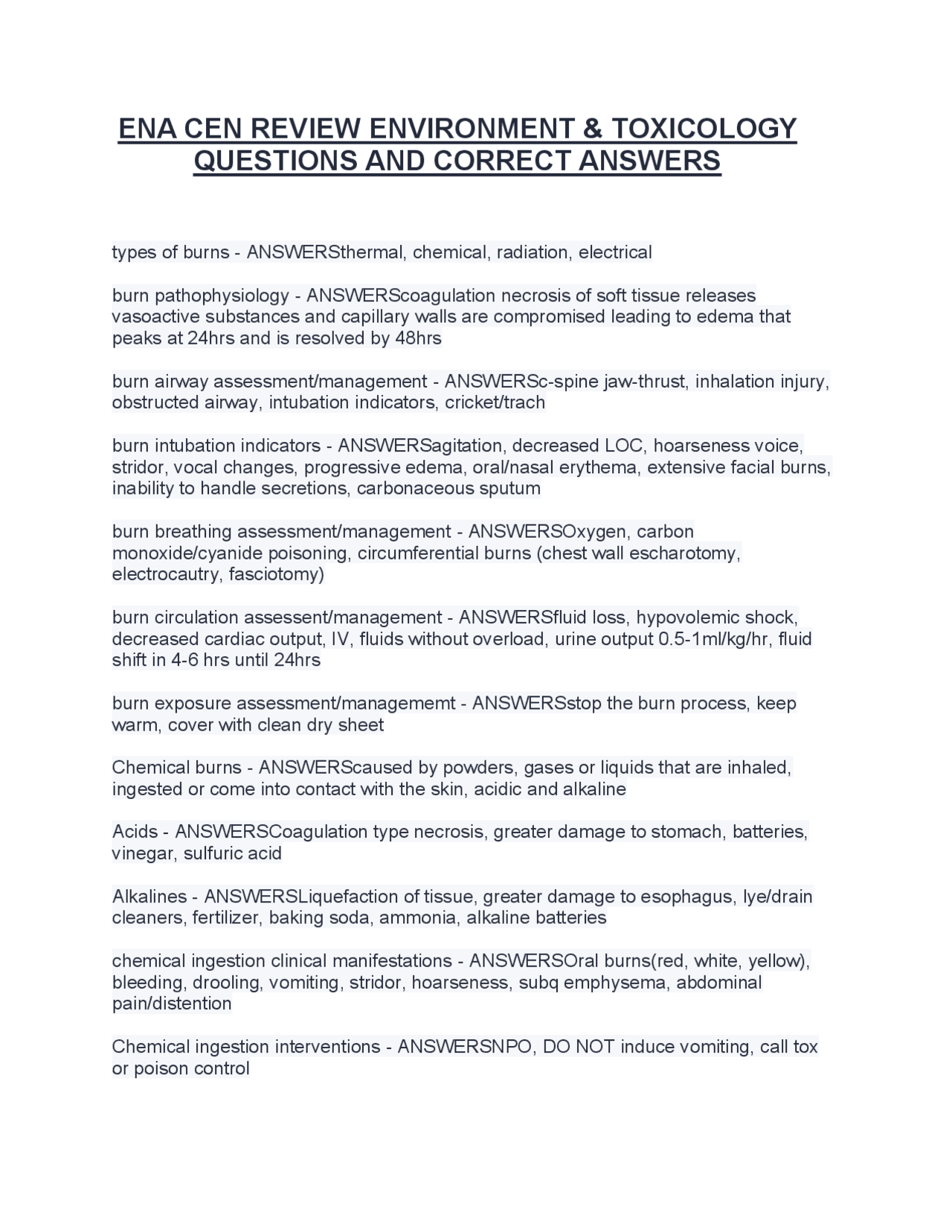 ENA CEN REVIEW ENVIRONMENT & TOXICOLOGY QUESTIONS AND CORRECT ANSWERS ...