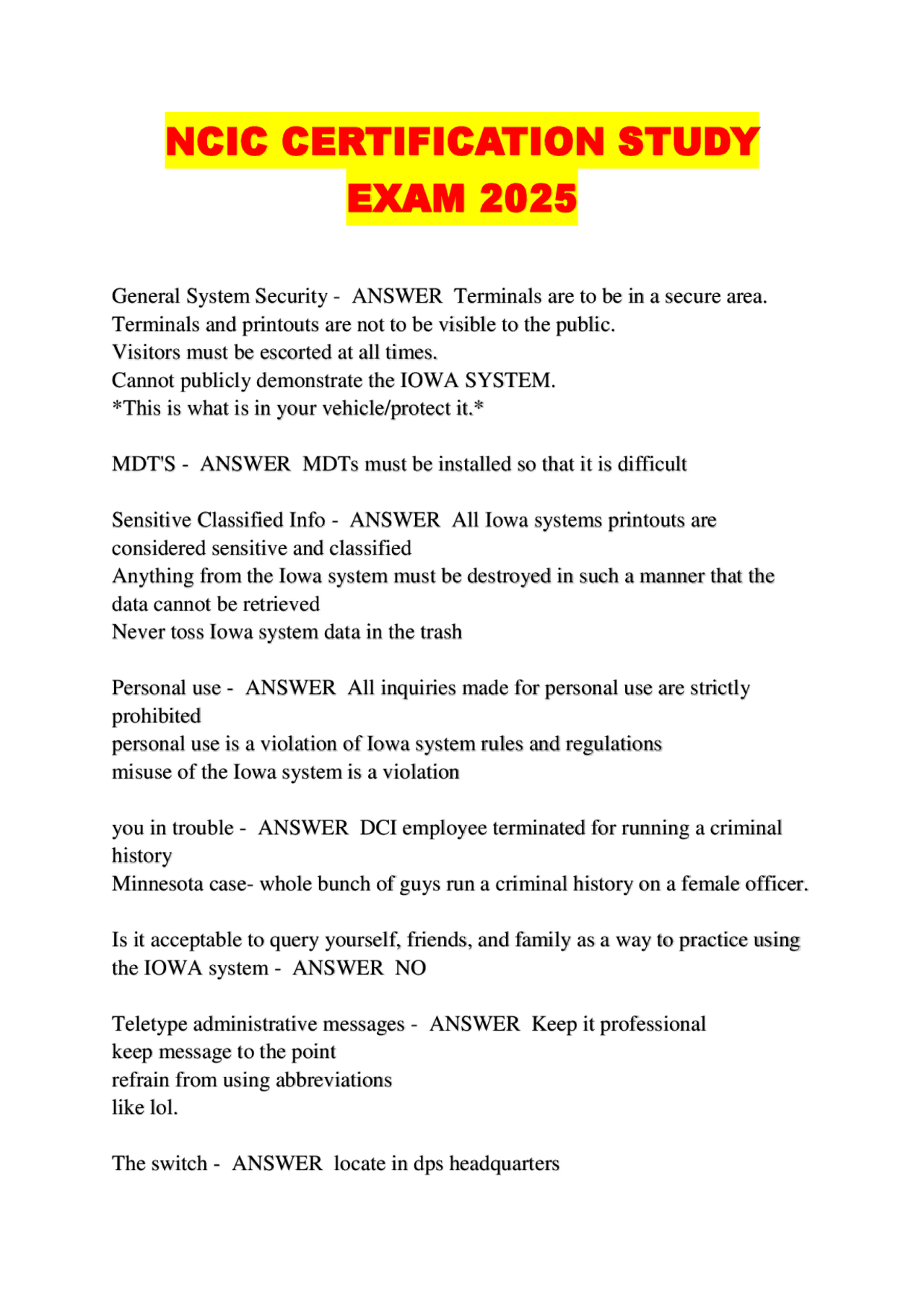 NCIC Certification Exam Study Guide: System Security and Regulations ...