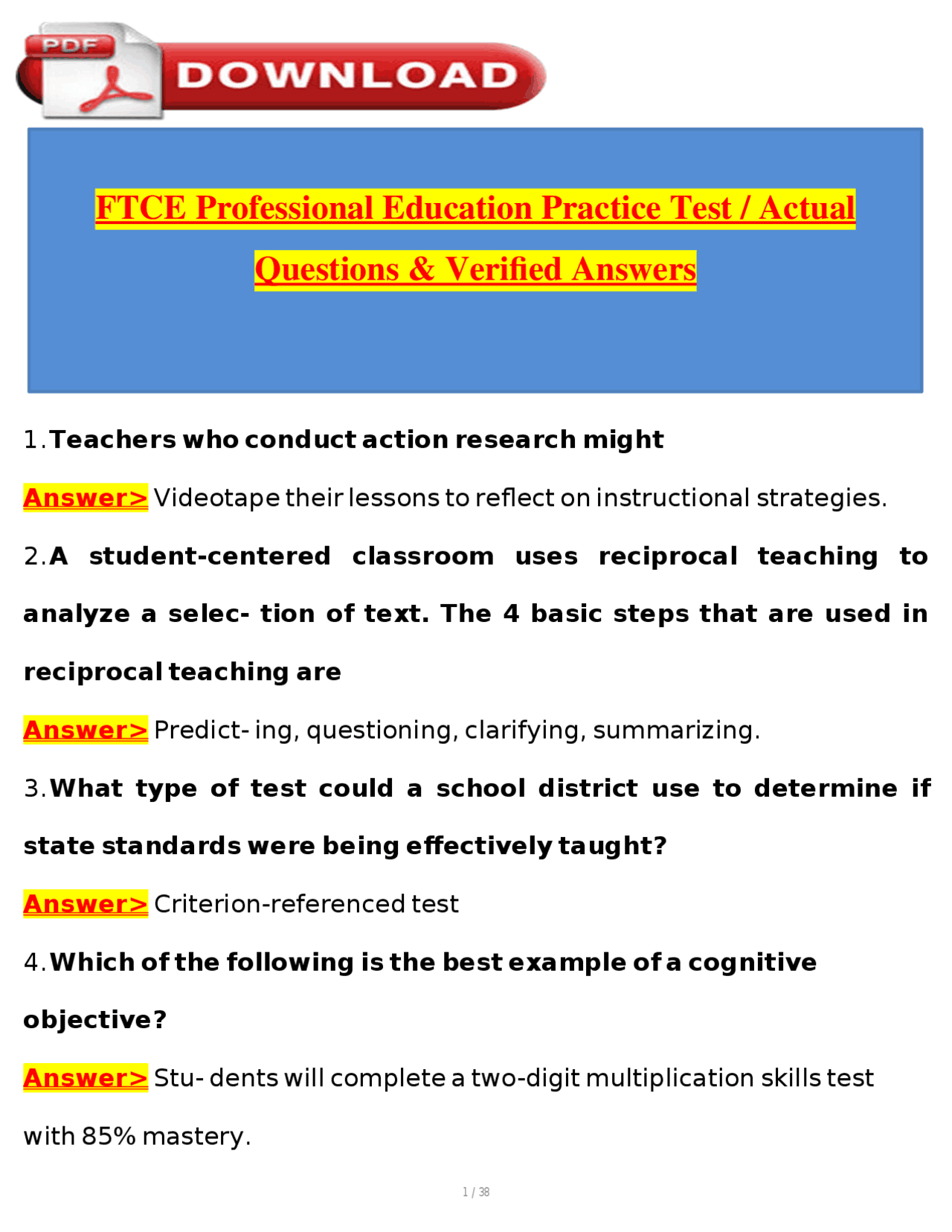 FTCE Professional Education Practice Test Questions and Answers (2025 / ...