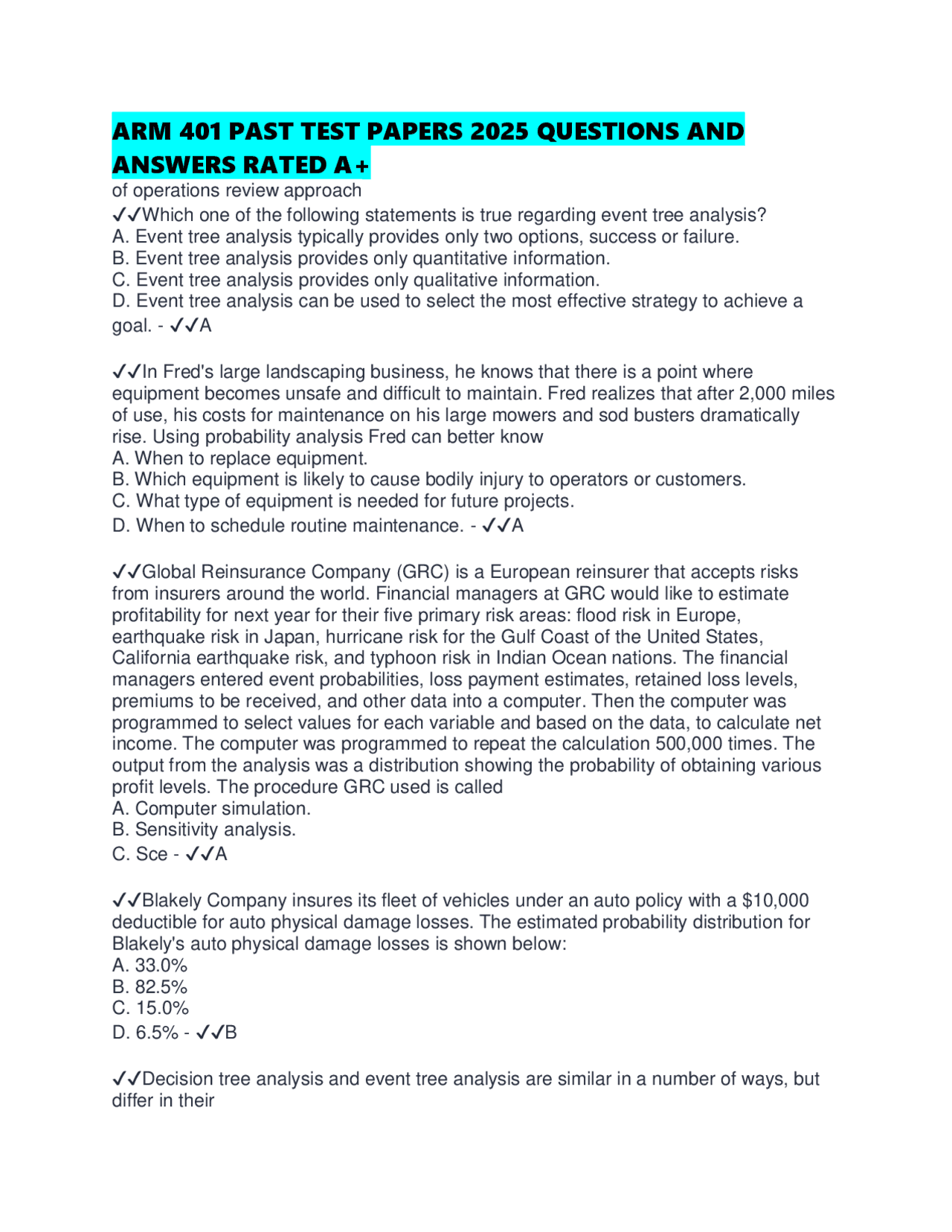 ARM 401 PAST TEST PAPERS 2025 QUESTIONS AND ANSWERS RATED A+ | Exams ...