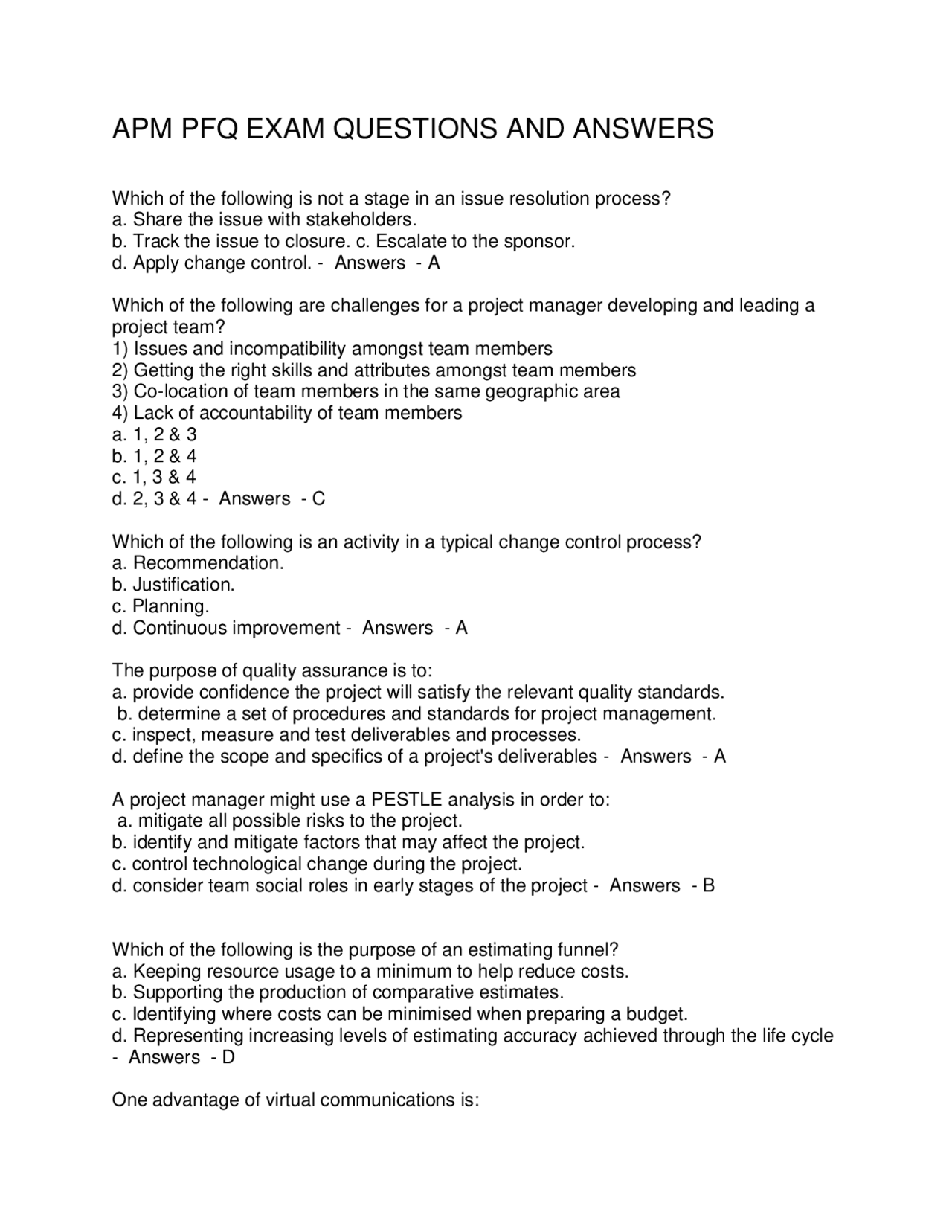 APM PFQ EXAM QUESTIONS AND ANSWERS | Exams Social Sciences | Docsity