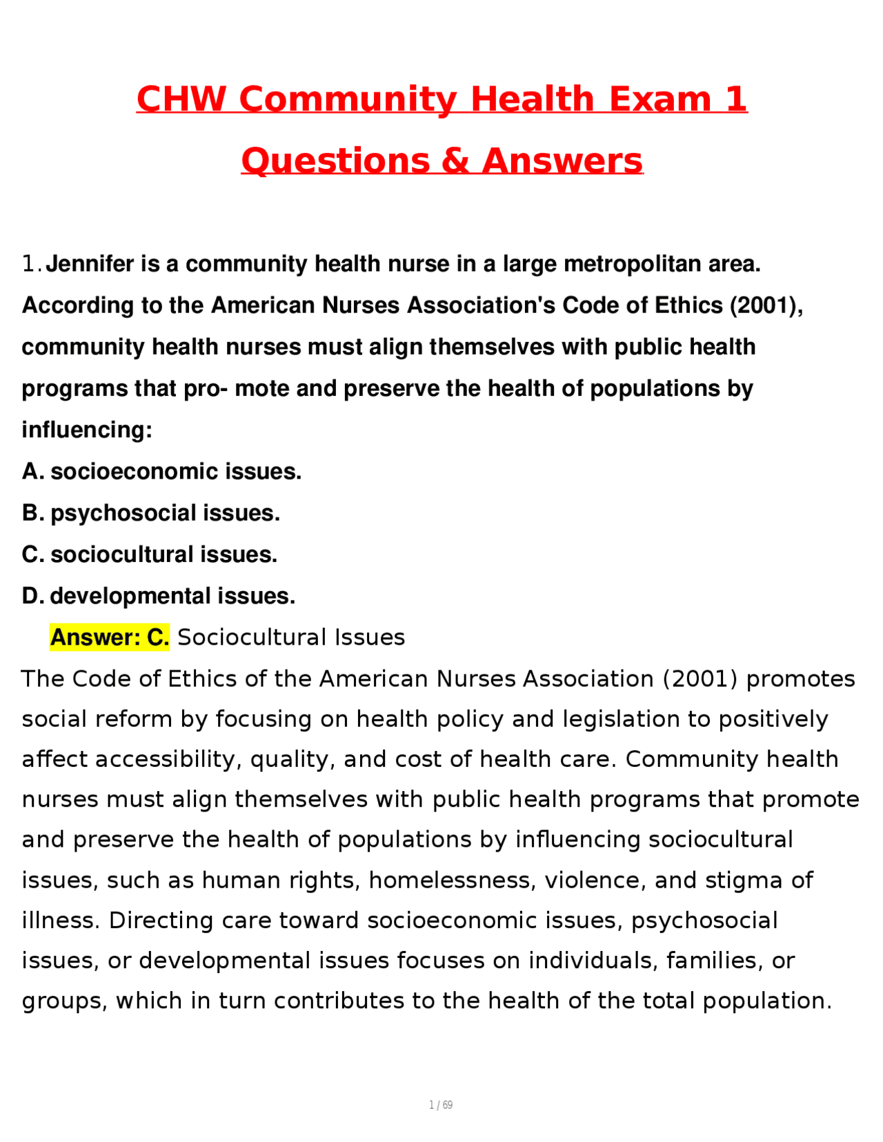 CHW Community Health Exam 1 Latest 2025 Actual Questions and Verified ...