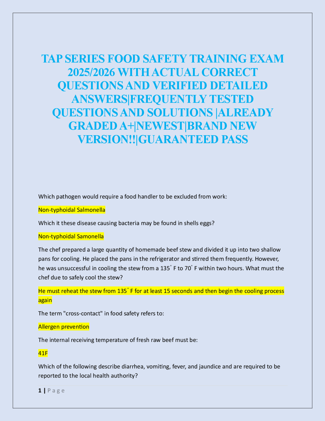 TAP SERIES FOOD SAFETY TRAINING EXAM 2025/2026 | Exams Food Science and ...