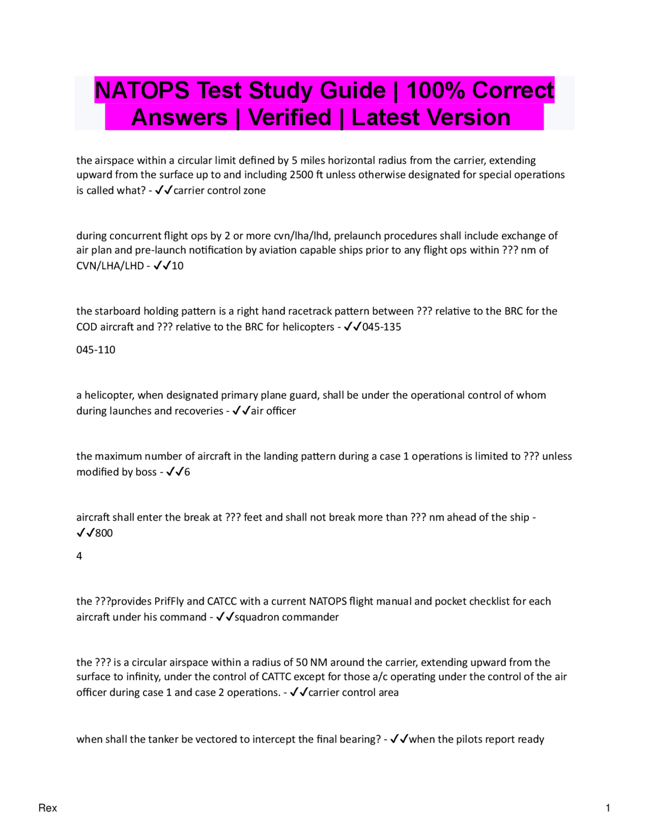 NATOPS Test Study Guide (2025/2026) Verified & 100% Correct Answers ...