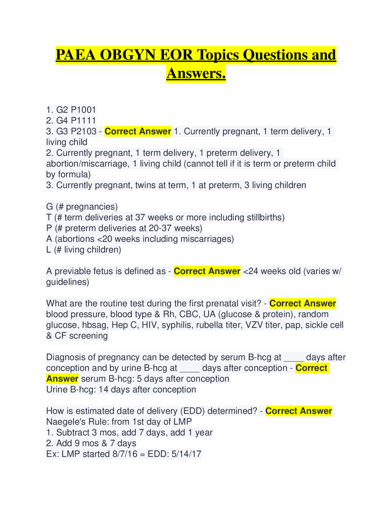 PAEA OBGYN EOR Topics Questions and Answers. | Exams Gynecology | Docsity
