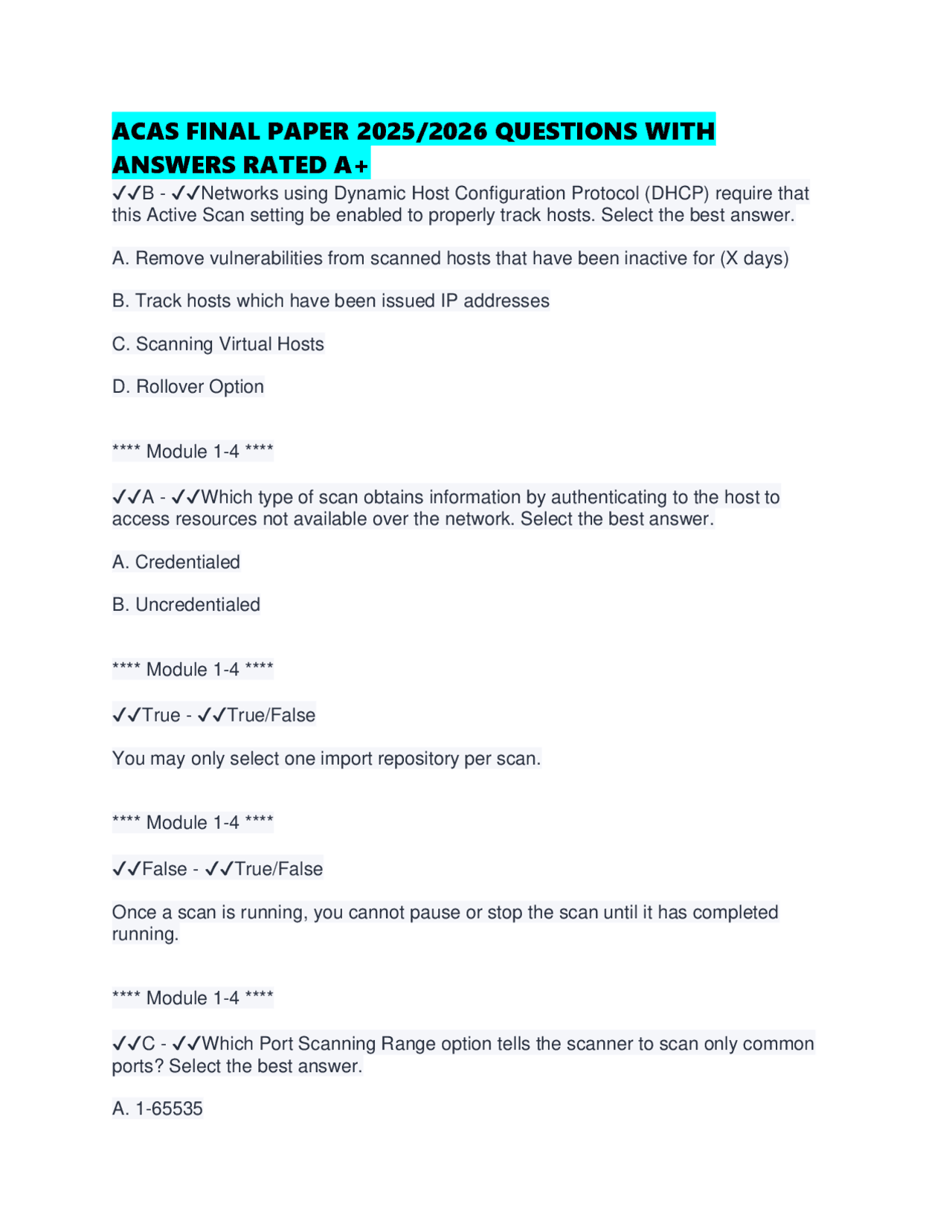 ACAS FINAL PAPER 2025/2026 QUESTIONS WITH ANSWERS RATED A+ | Exams ...