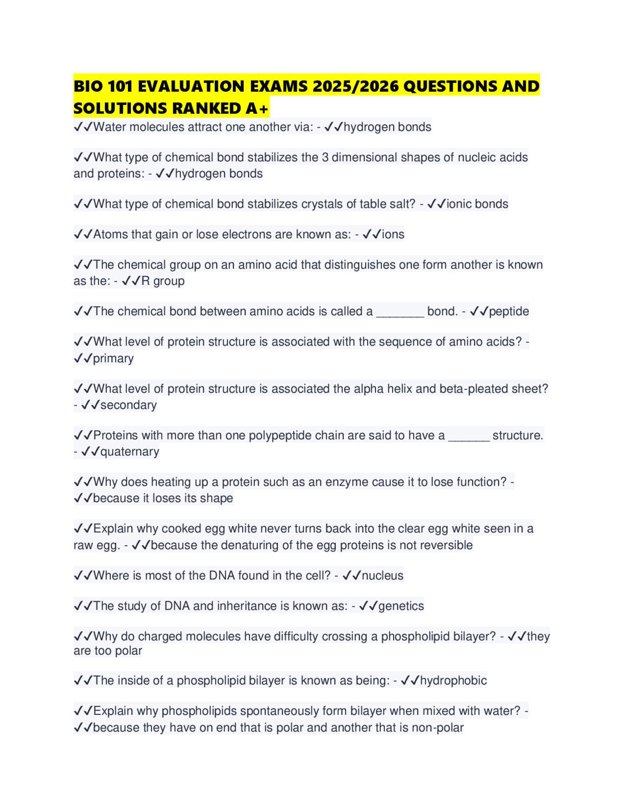 BIO 101 EVALUATION EXAMS 2025/2026 QUESTIONS AND SOLUTIONS RANKED A+ | Exams Biology | Docsity