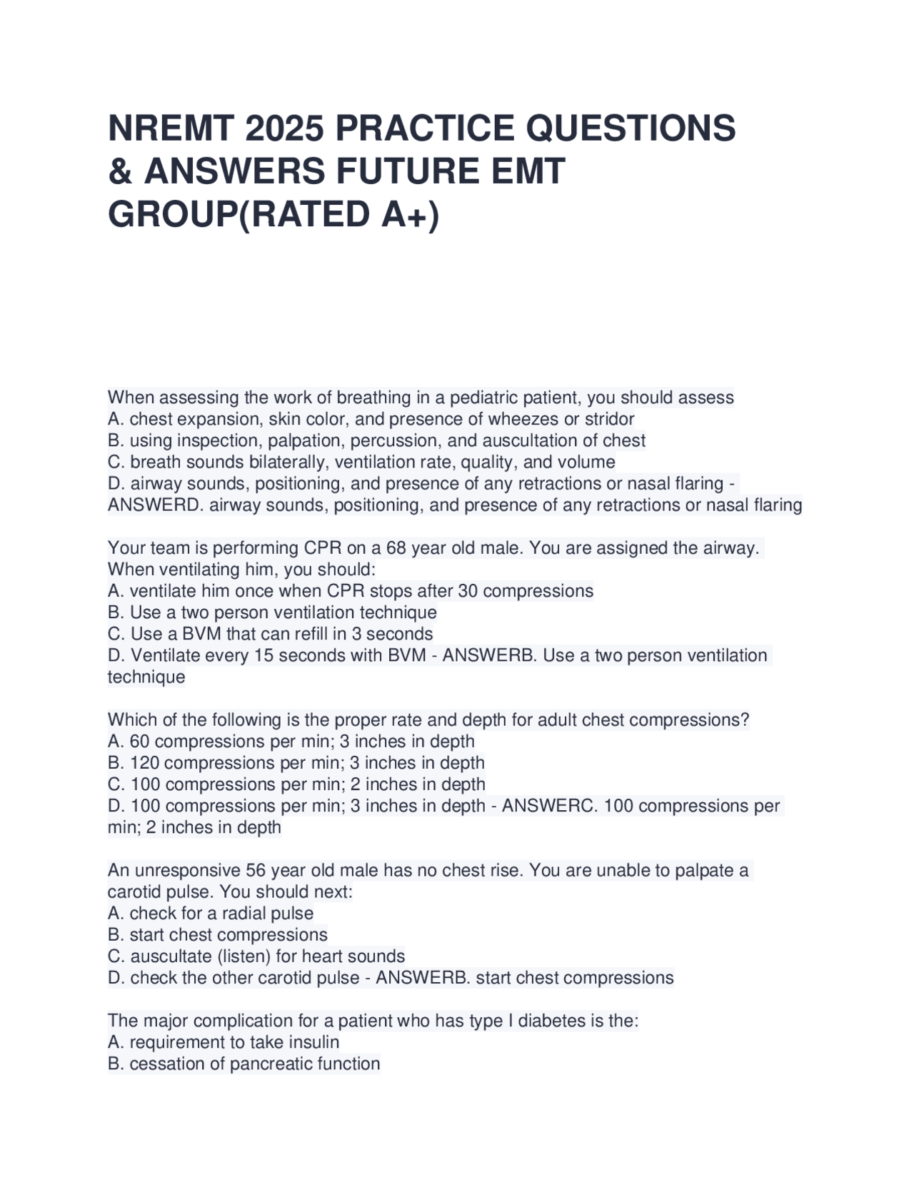 NREMT 2025 PRACTICE QUESTIONS & ANSWERS FUTURE EMT GROUP(RATED A+ ...