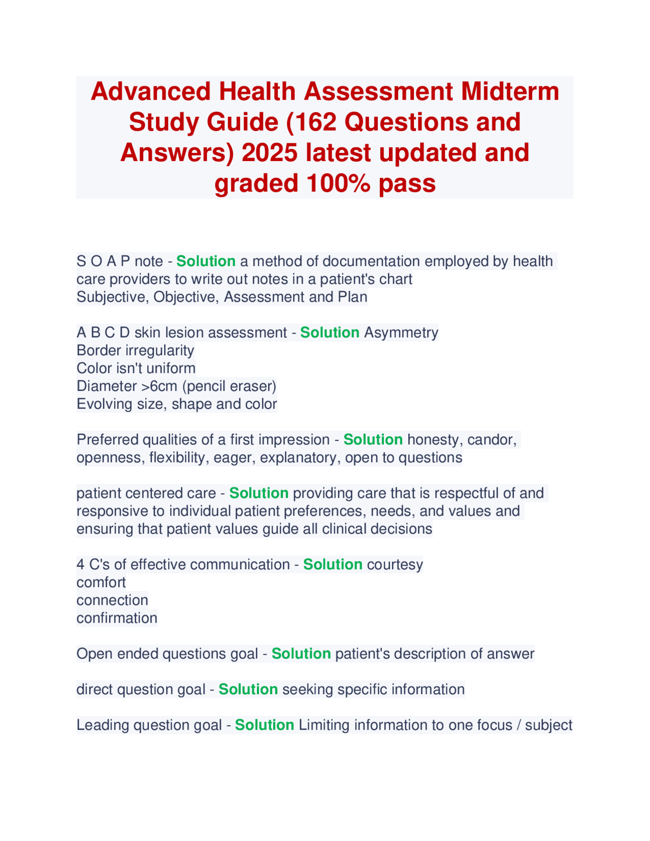 Advanced Health Assessment Midterm Study Guide: 162 Q&A for Exam Prep ...