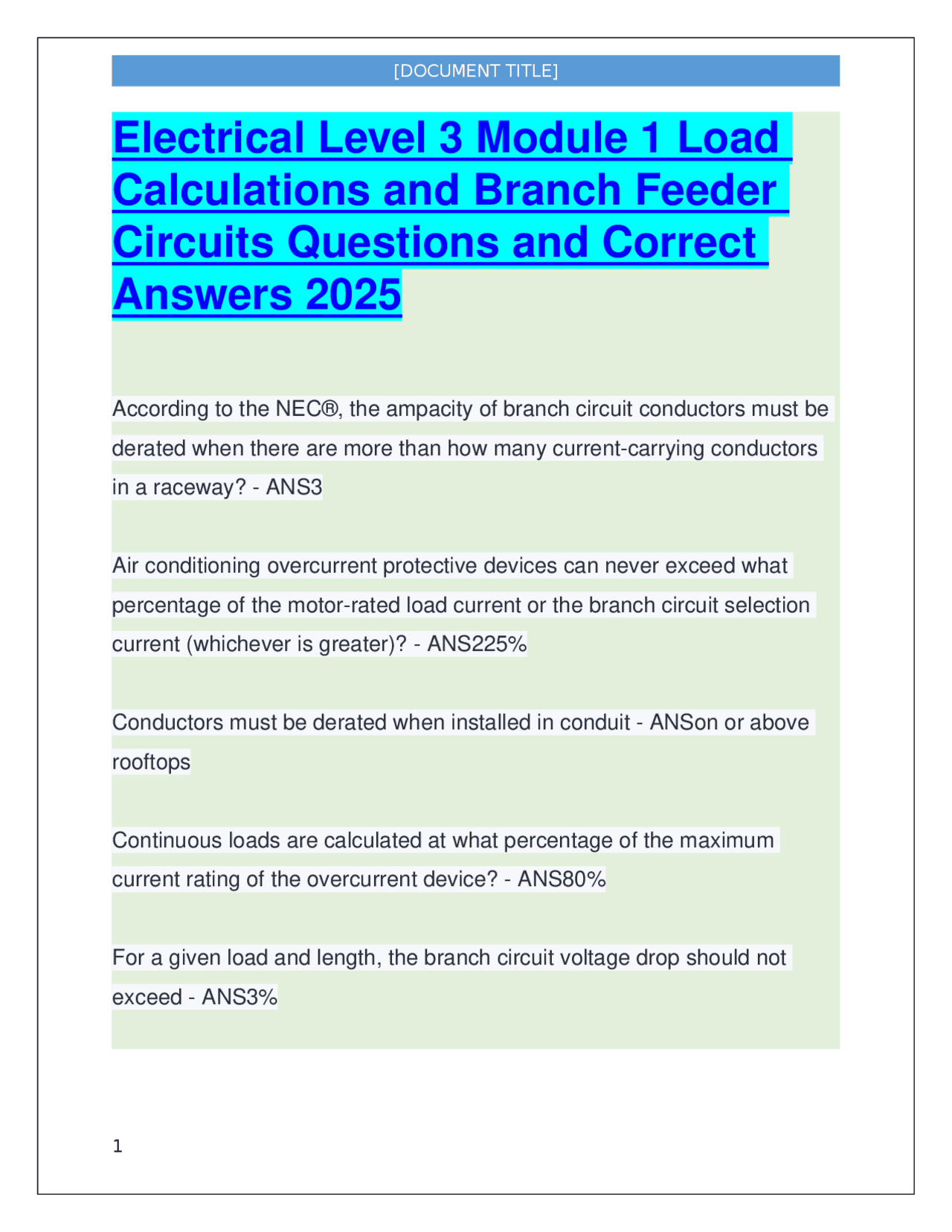 Electrical Level 3 Load Calculations & Branch Feeder Circuits Q&A 2025 | Exams Electrical and ...