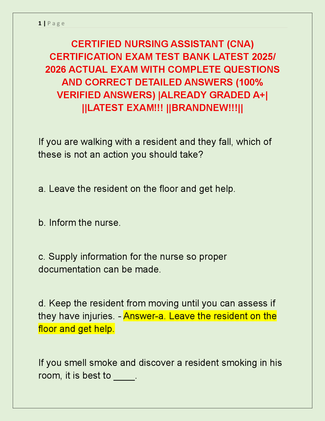 CERTIFIED NURSING ASSISTANT (CNA) CERTIFICATION EXAM TEST BANK LATEST ...