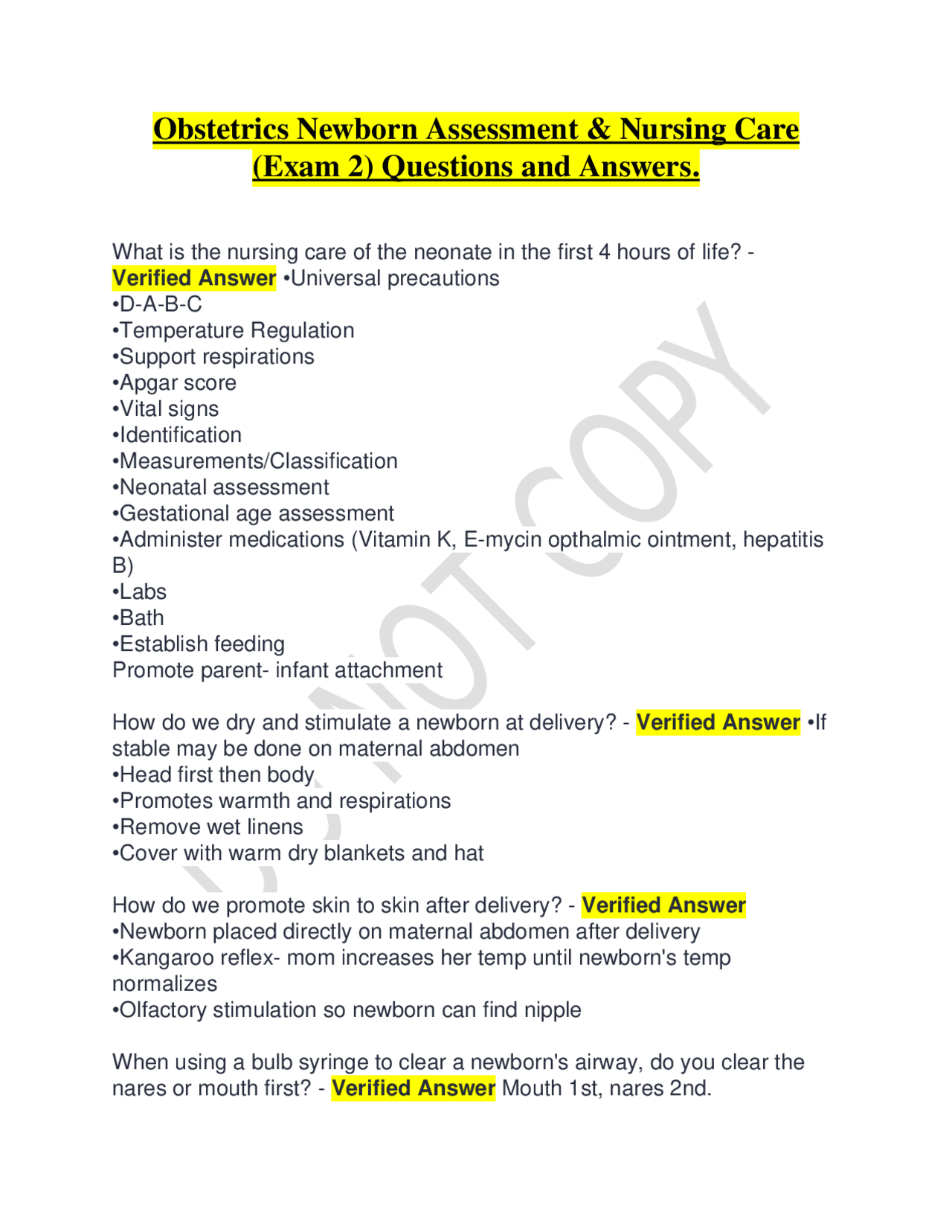 Obstetrics Newborn Assessment & Nursing Care (Exam 2) Questions and ...
