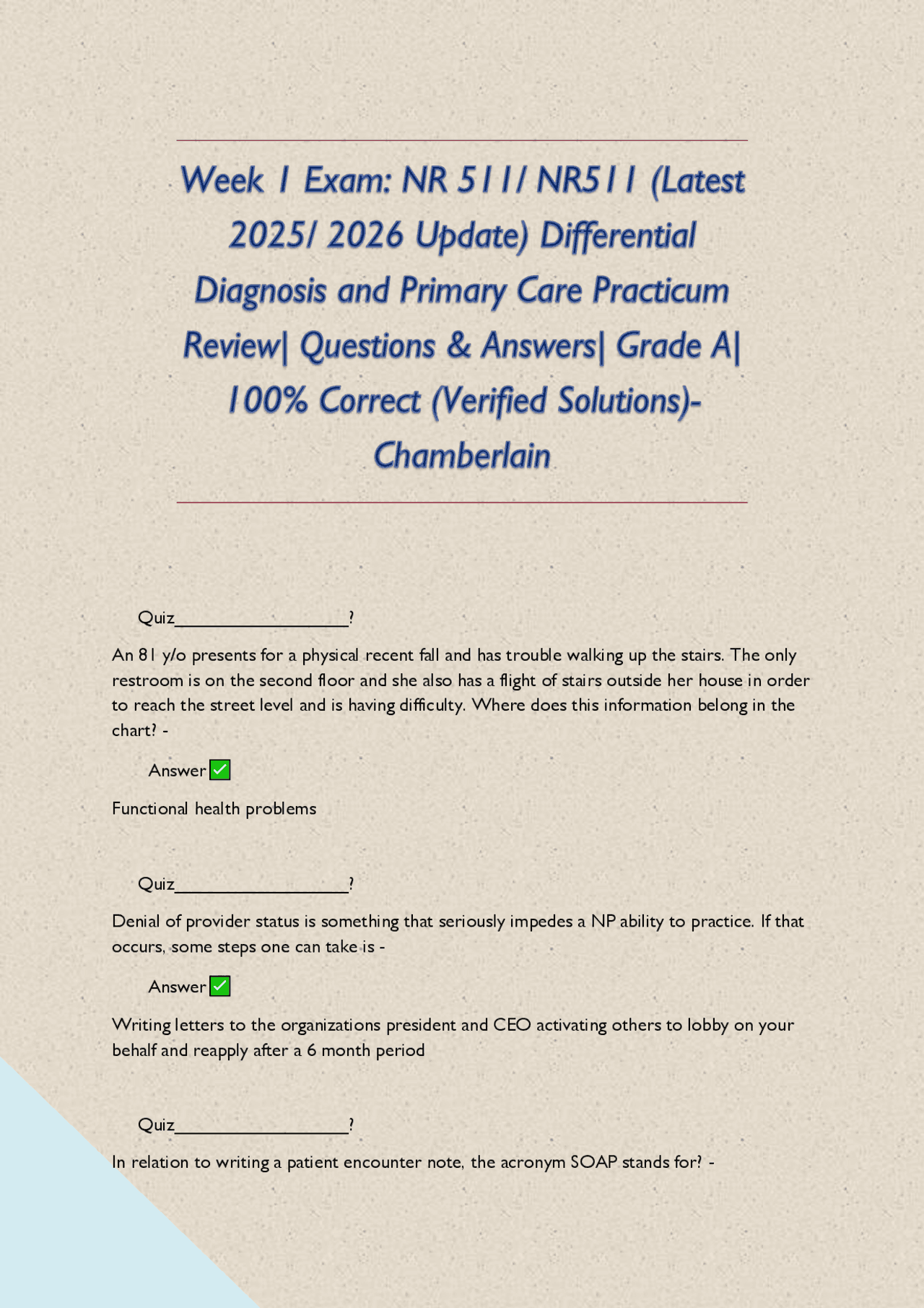 Week 1 Exam: NR 511/ NR511 (Latest 2025/ 2026 Update) Differential ...