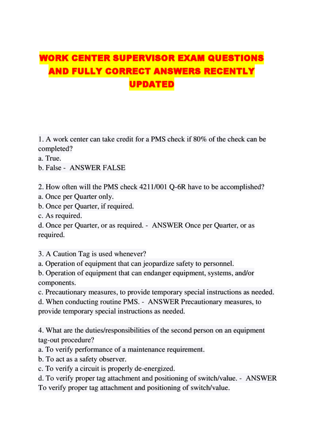 WORK CENTER SUPERVISOR EXAM QUESTIONS AND FULLY CORRECT ANSWERS ...