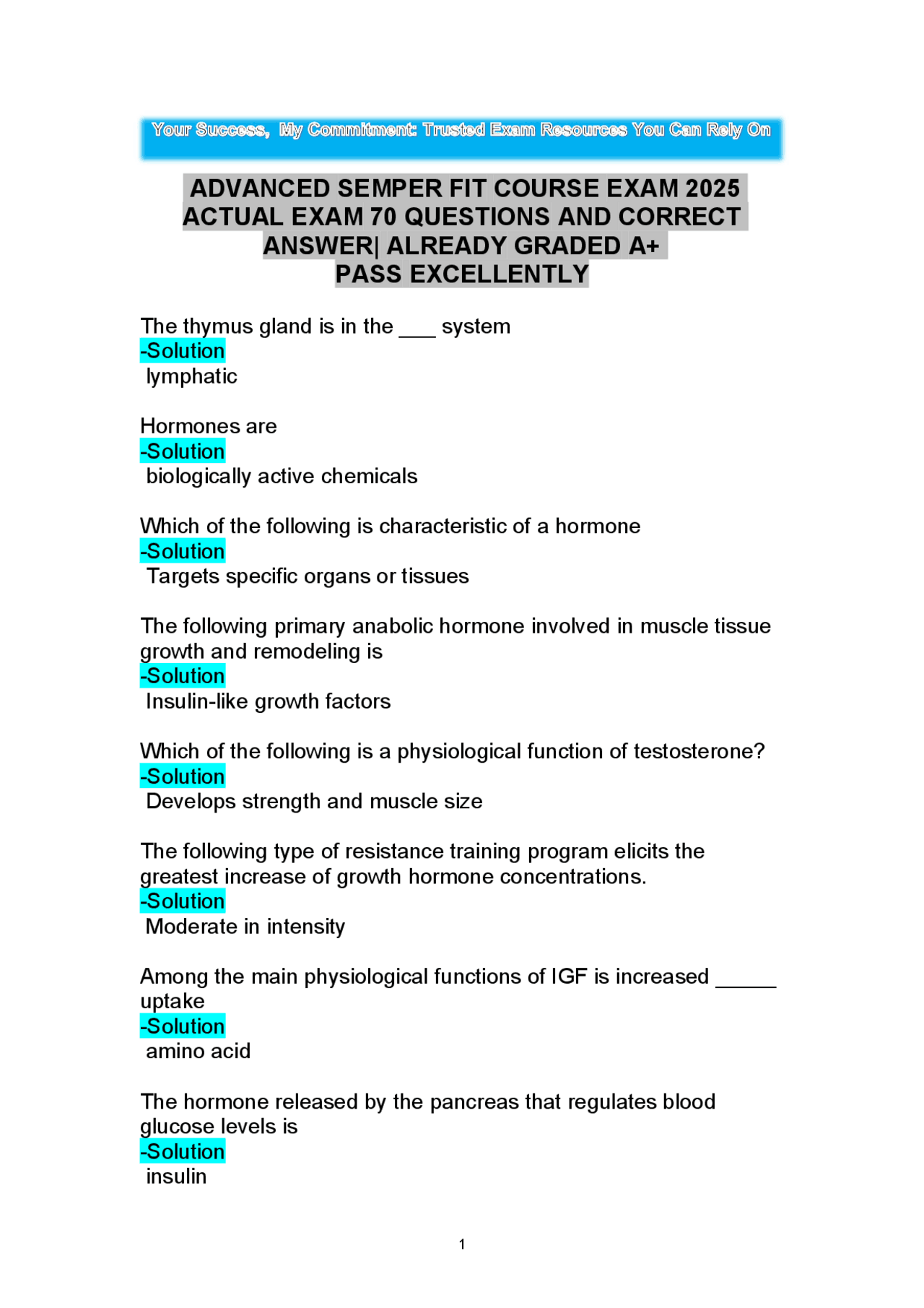 ADVANCED SEMPER FIT COURSE EXAM 2025 ACTUAL EXAM 70 QUESTIONS AND ...