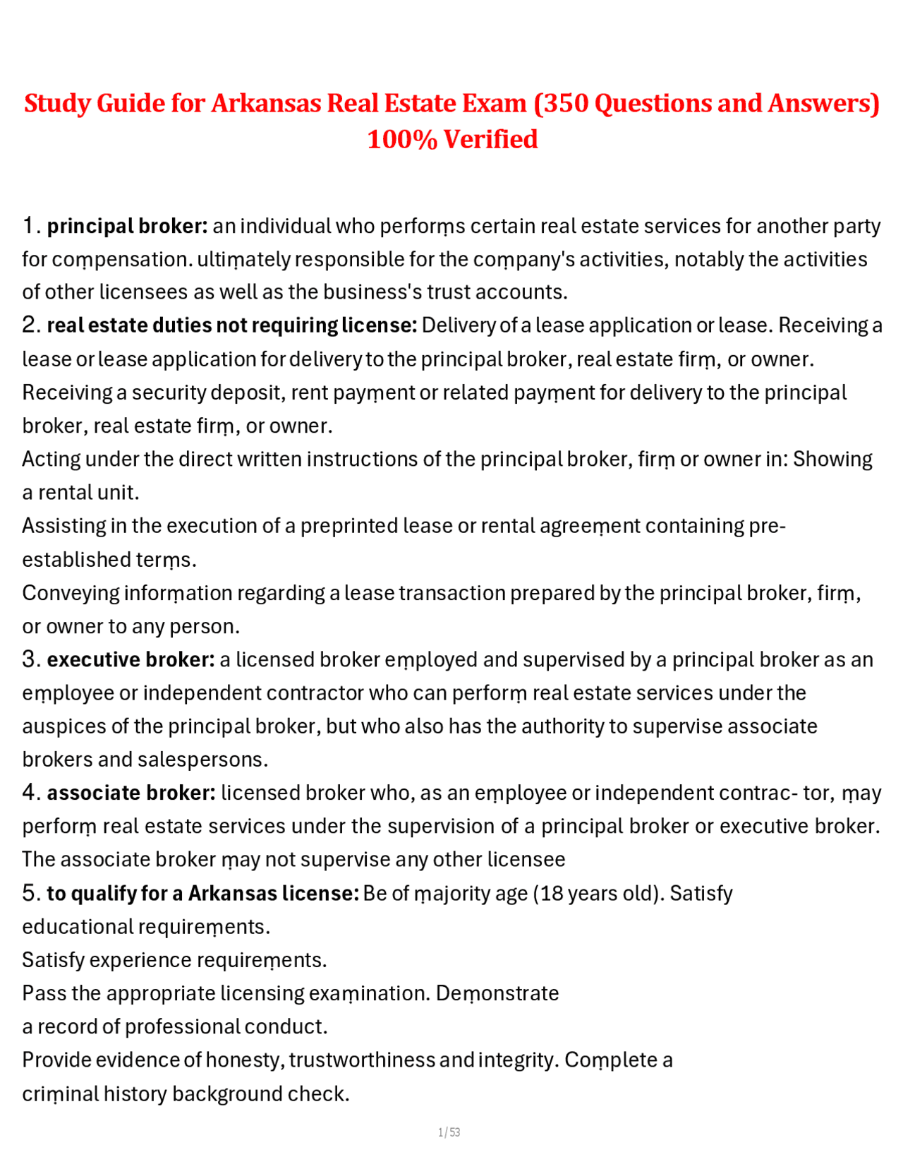 Arkansas Real Estate Exam Study Guide: 350 Q&A | Exams Nursing | Docsity