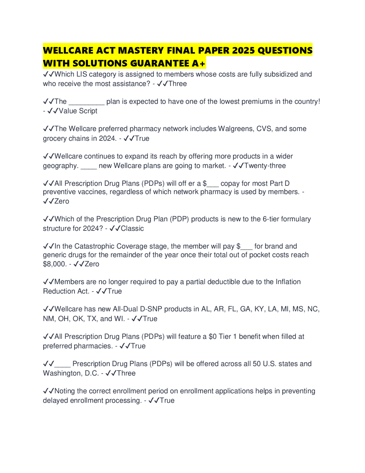 WELLCARE ACT MASTERY FINAL PAPER 2025 QUESTIONS WITH SOLUTIONS ...
