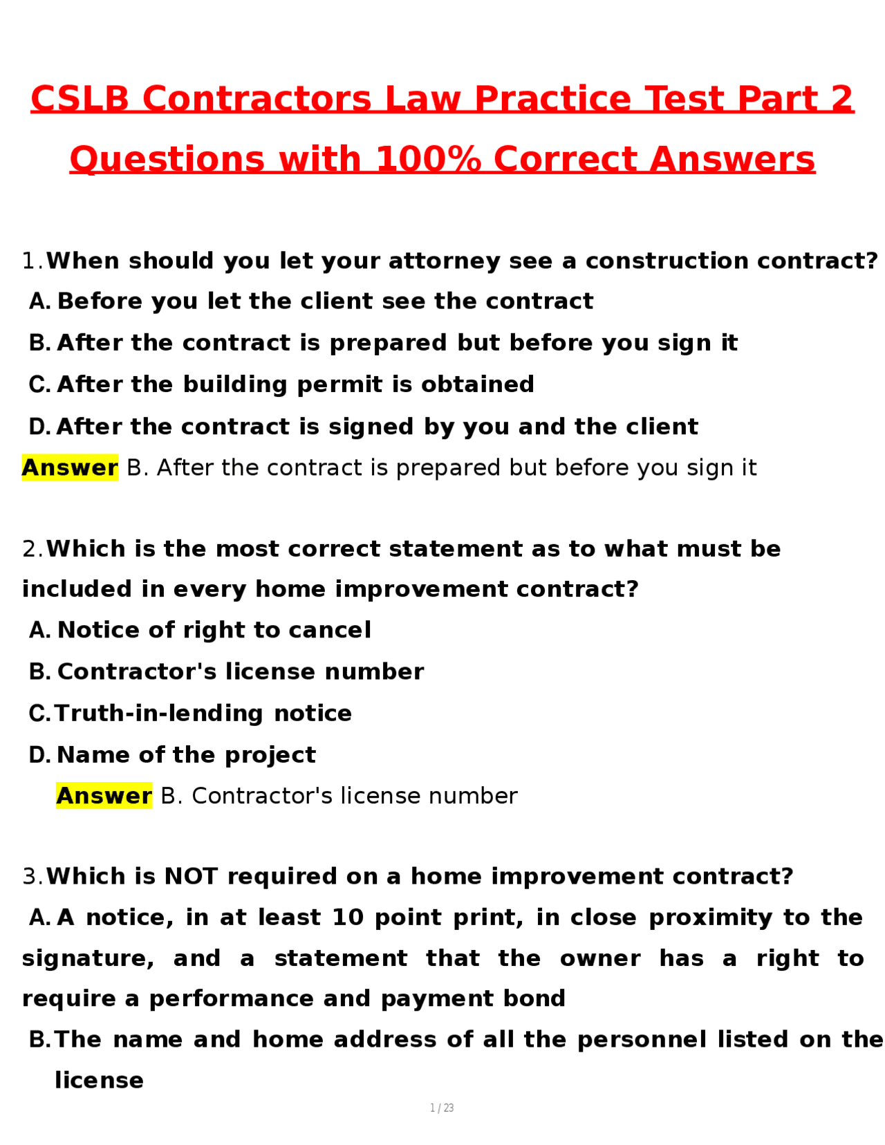 CSLB Contractor's Law Practice Test Part 2 Latest 2025 Actual Questions ...