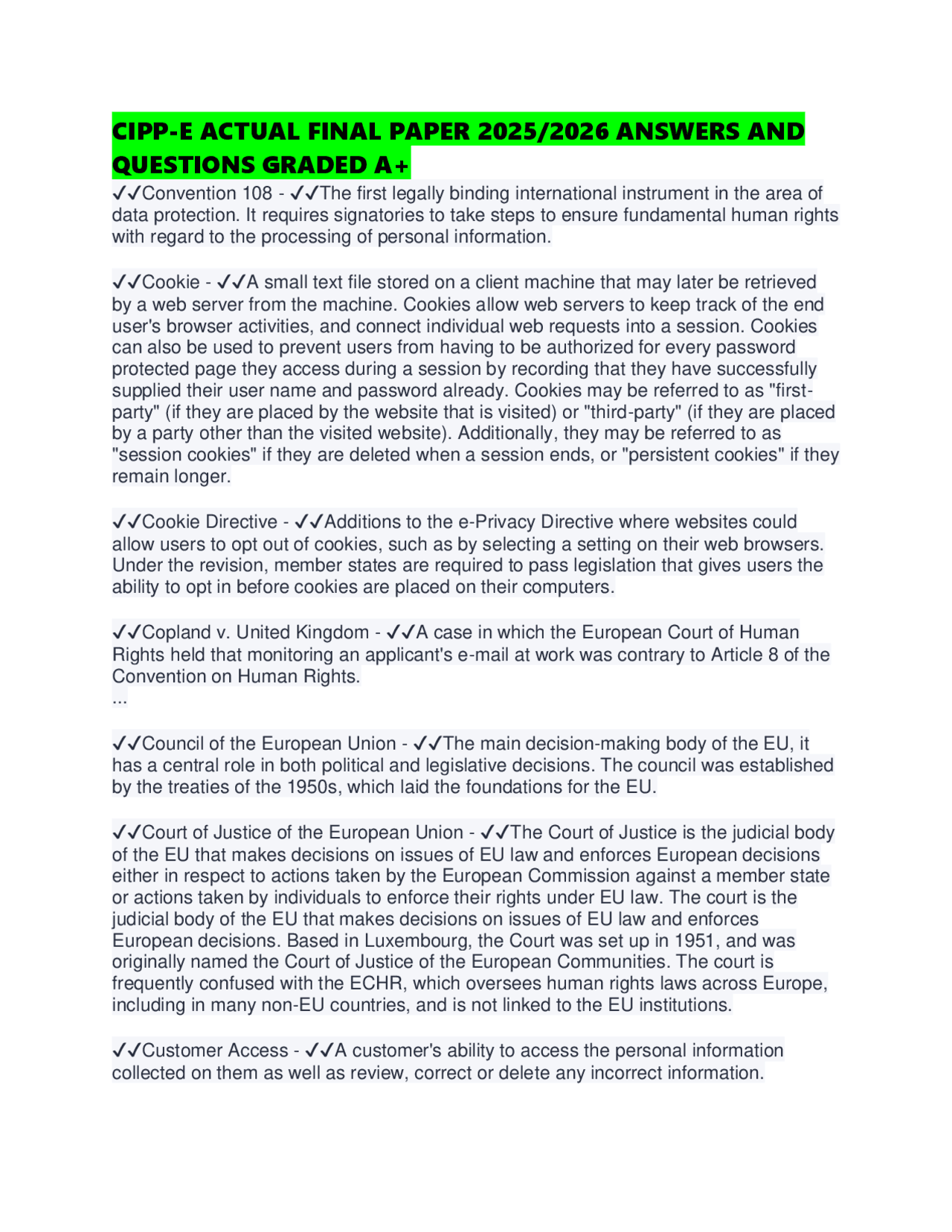 CIPP-E ACTUAL FINAL PAPER 2025/2026 ANSWERS AND QUESTIONS GRADED A+ ...