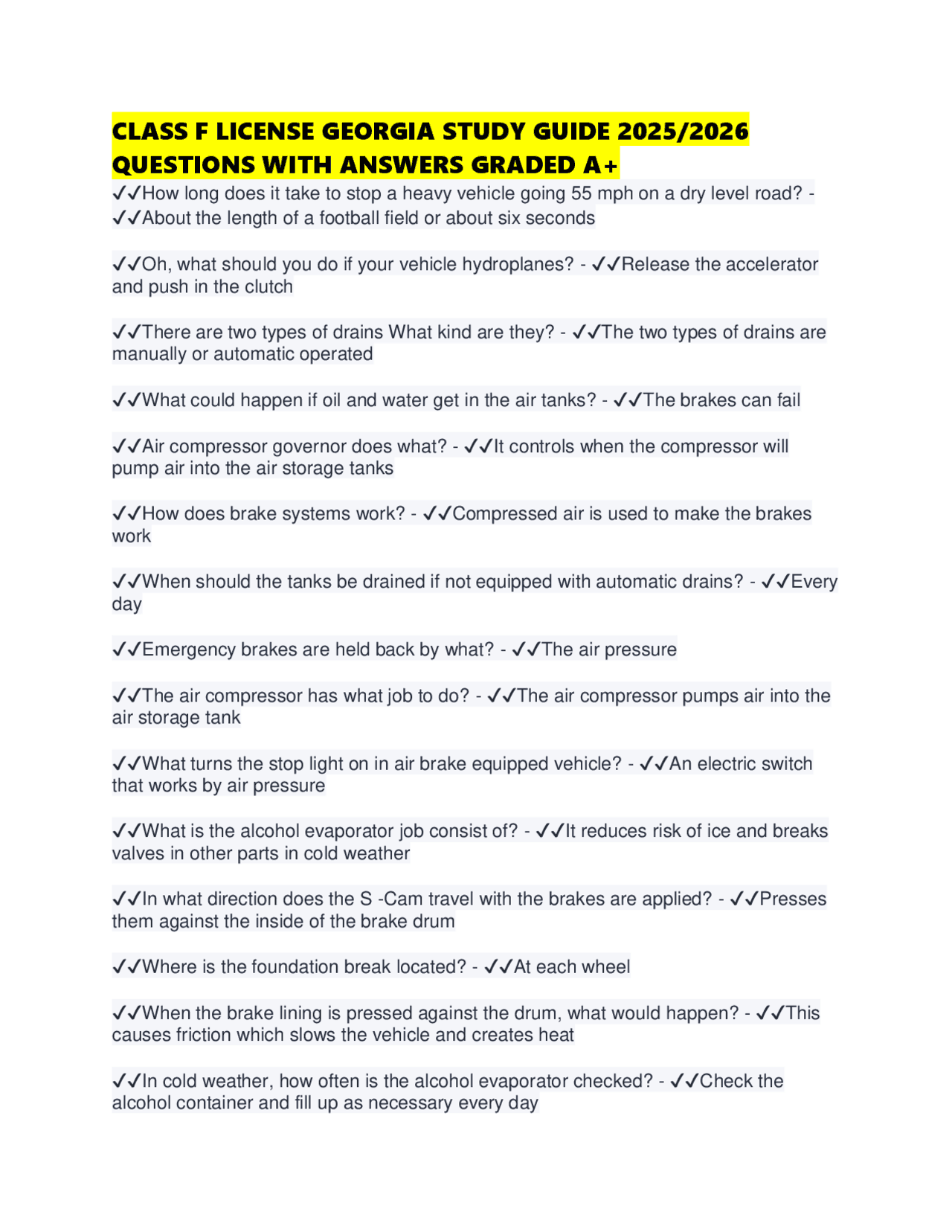 CLASS F LICENSE GEORGIA STUDY GUIDE 2025/2026 QUESTIONS WITH ANSWERS ...