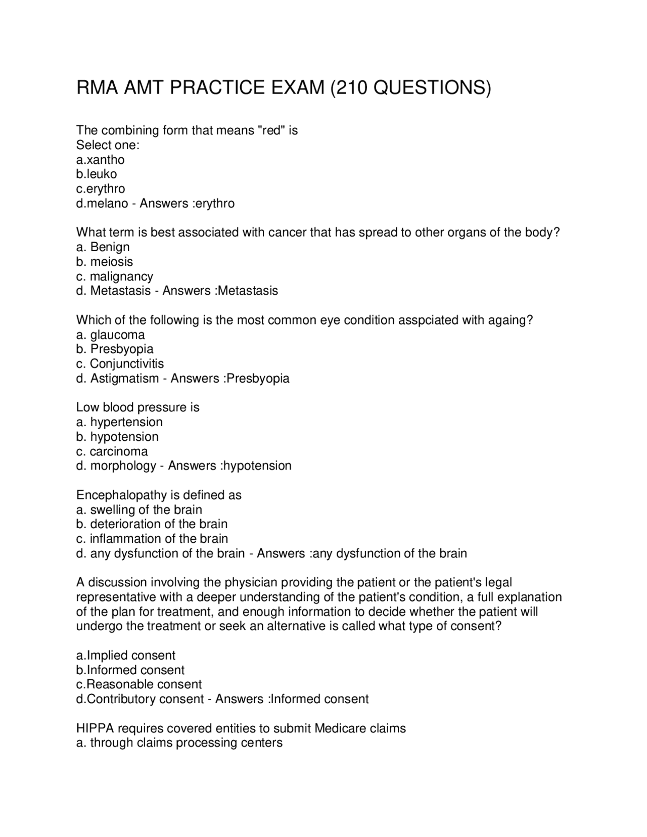 RMA AMT PRACTICE EXAM (210 QUESTIONS) | Exams Social Sciences | Docsity