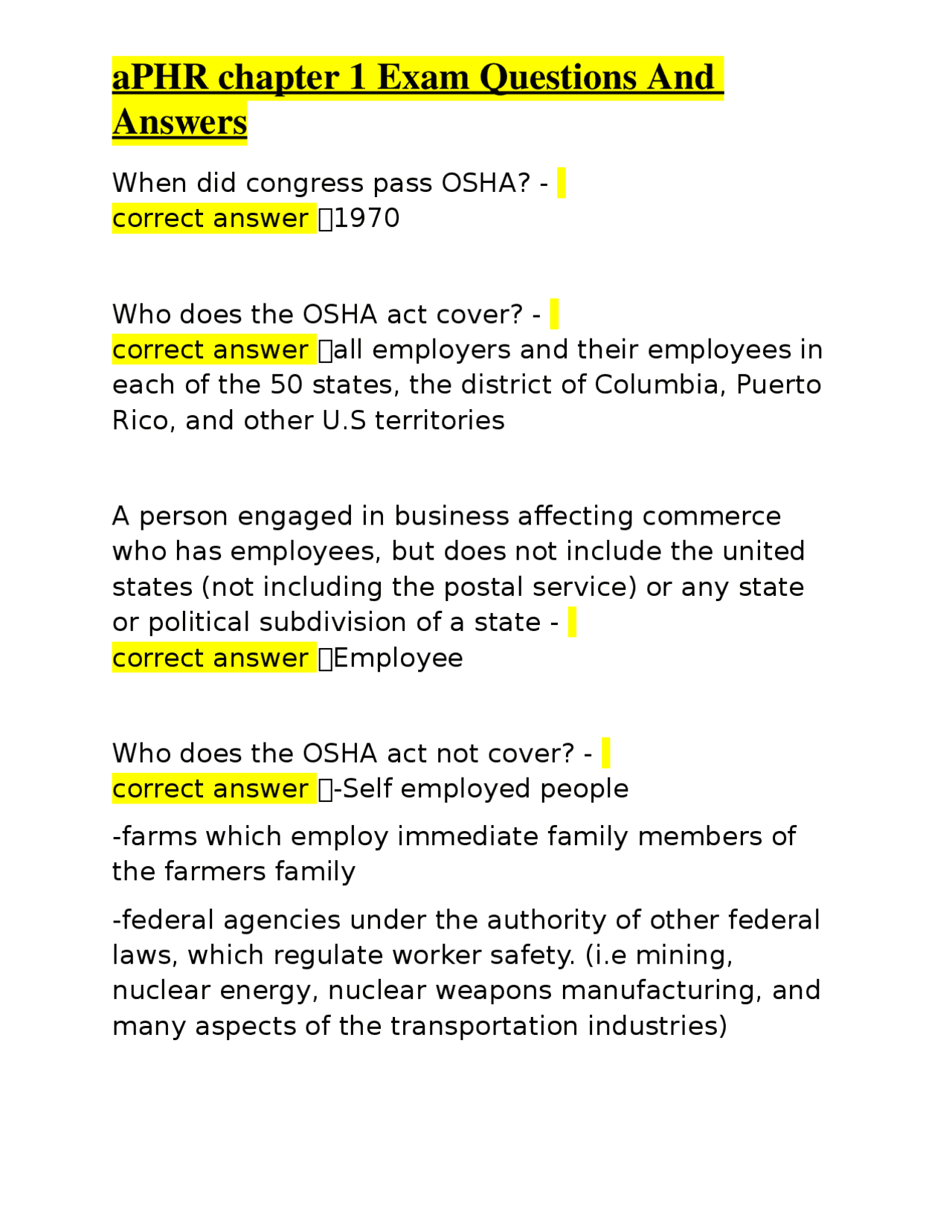 aPHR Chapter 1: OSHA Exam Questions and Answers | Exams Human Resource ...