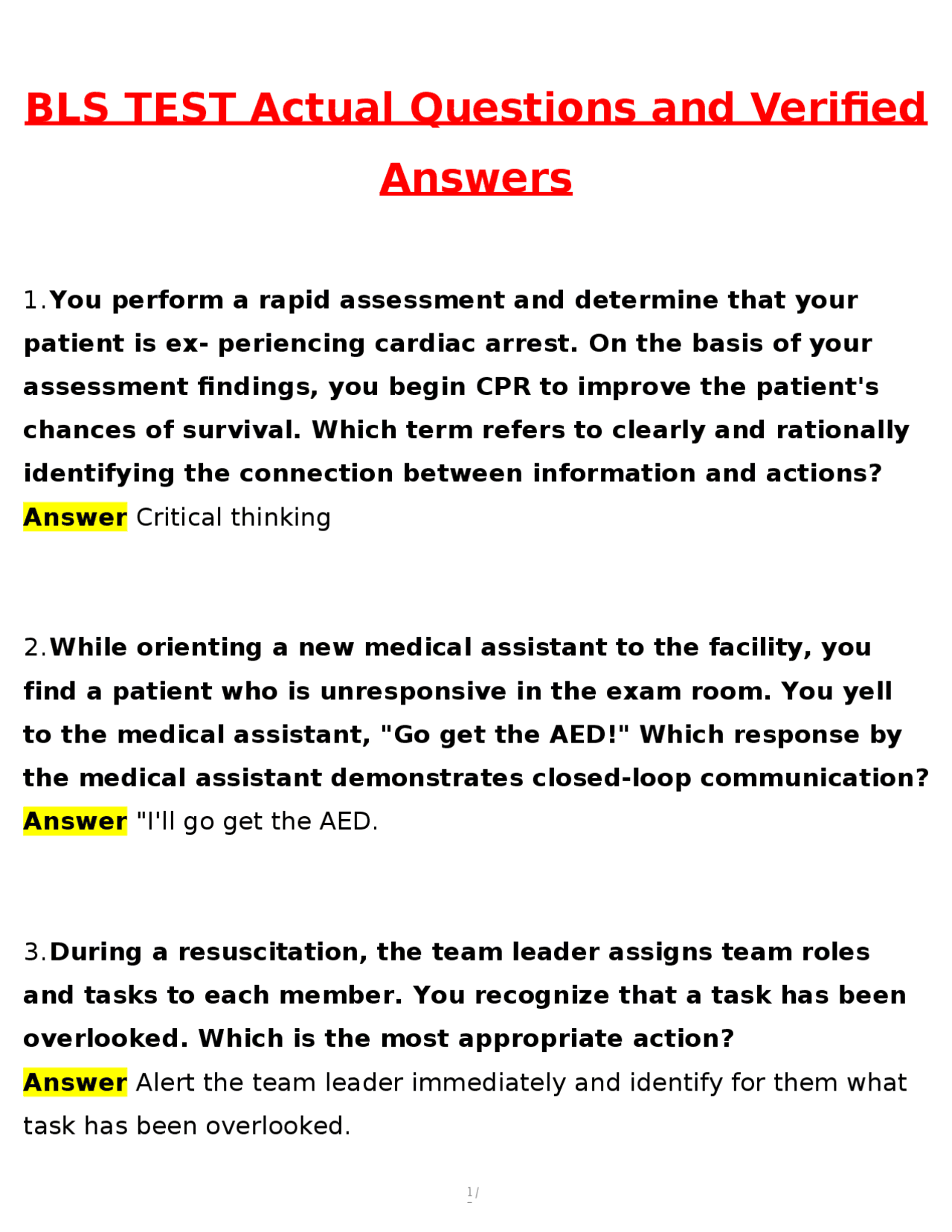 BLS Test Latest 2025 Actual Questions and Verified Answers (2025 / 2026 ...